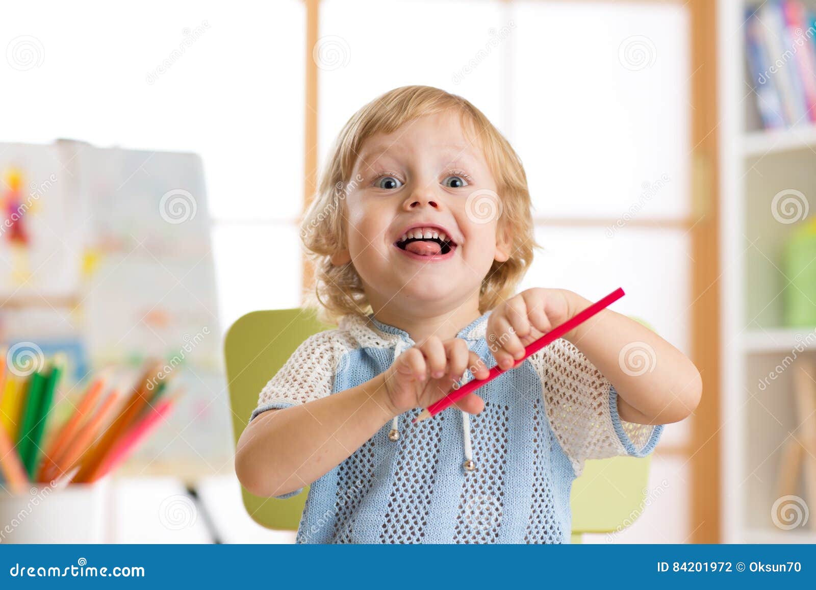 Portrait of a Smiling Preschool Boy Drawing Stock Photo - Image of ...