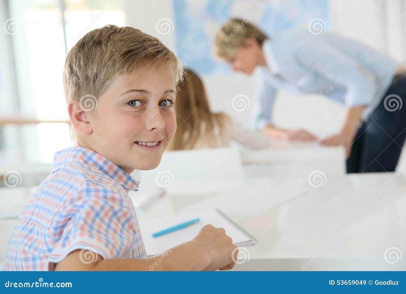 Portrait of Smiling Schoolboy in Class Stock Image - Image of european ...