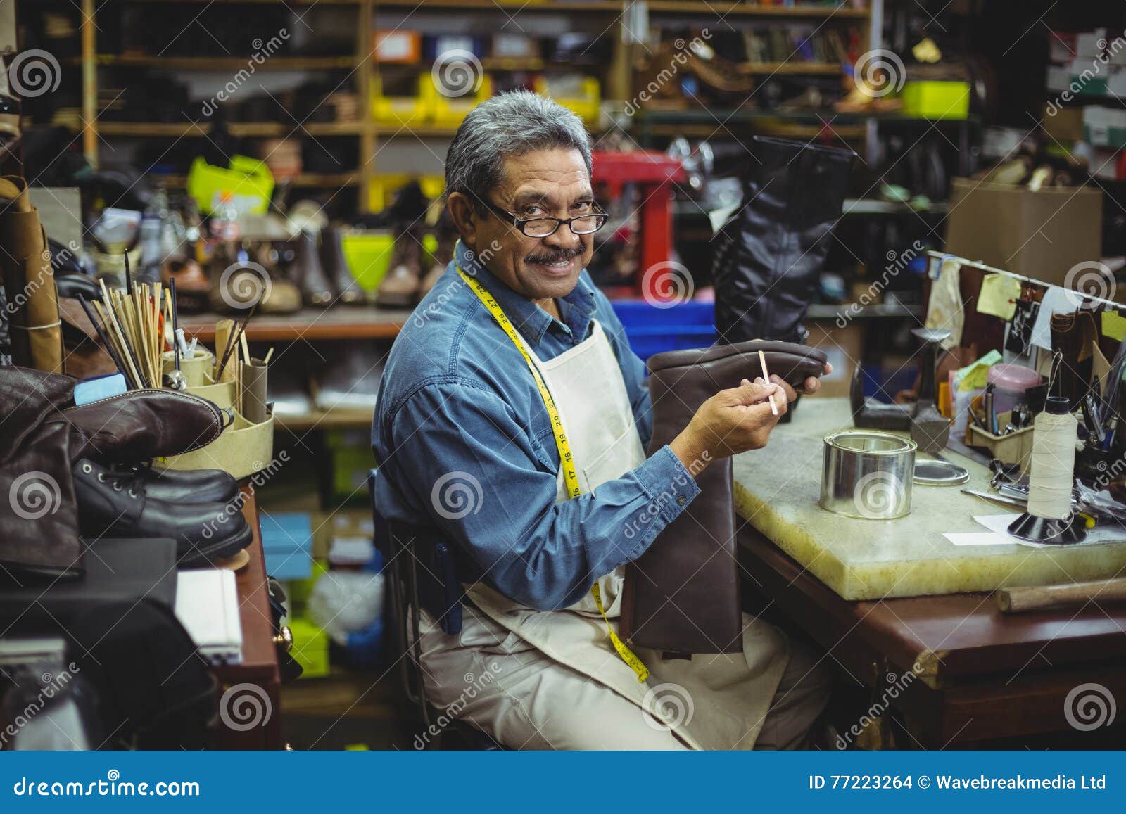 Portrait of Smiling Shoemaker Applying Glue on Shoe Stock Photo - Image ...