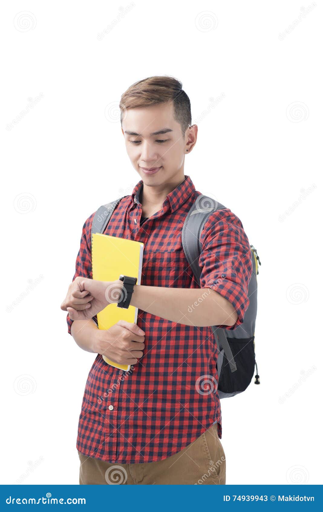 Portrait of a Smiling Student Looking on Wrist Watch Over White Stock ...