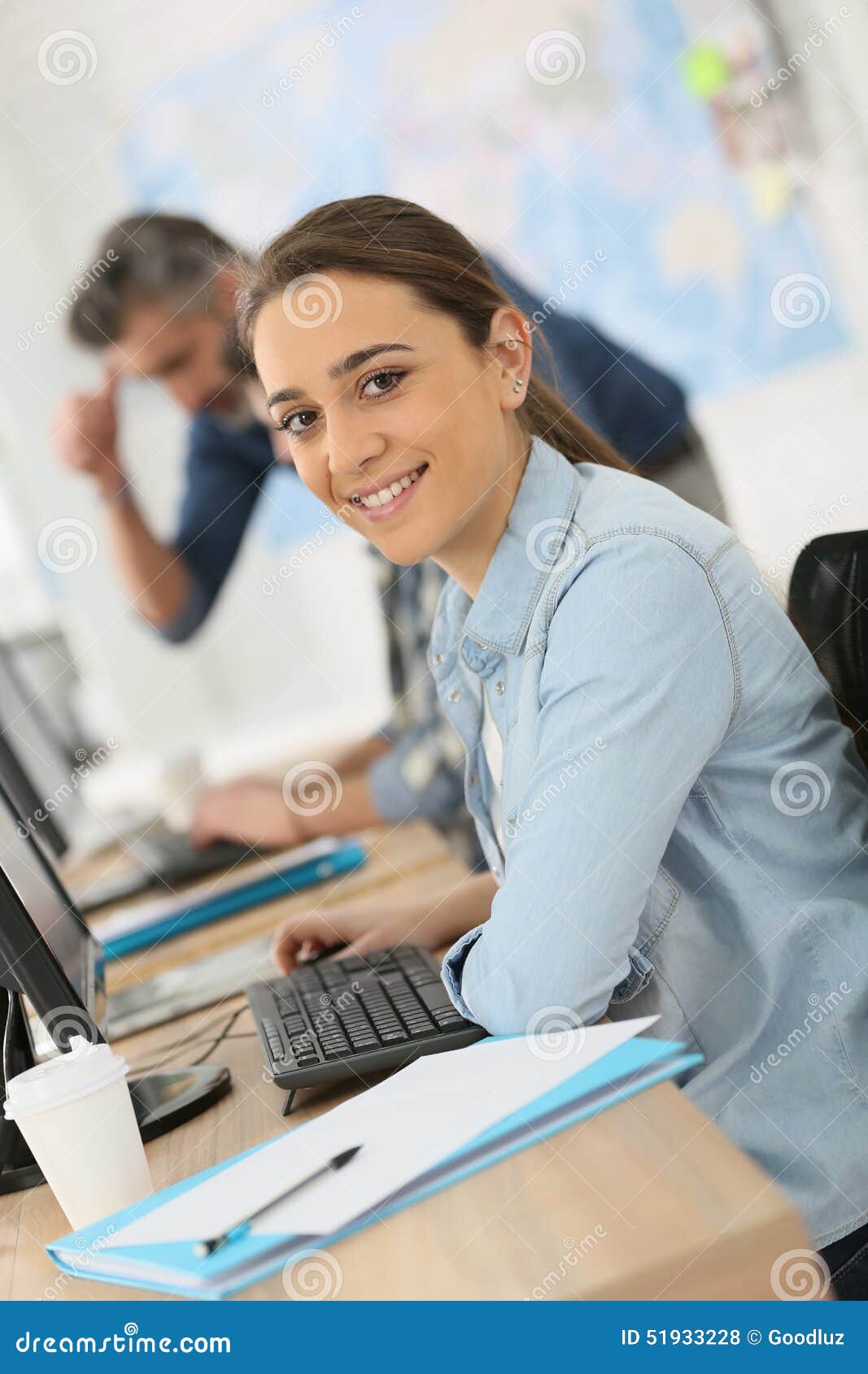 Portrait of Smiling Student Working on Desktop Stock Photo - Image of ...