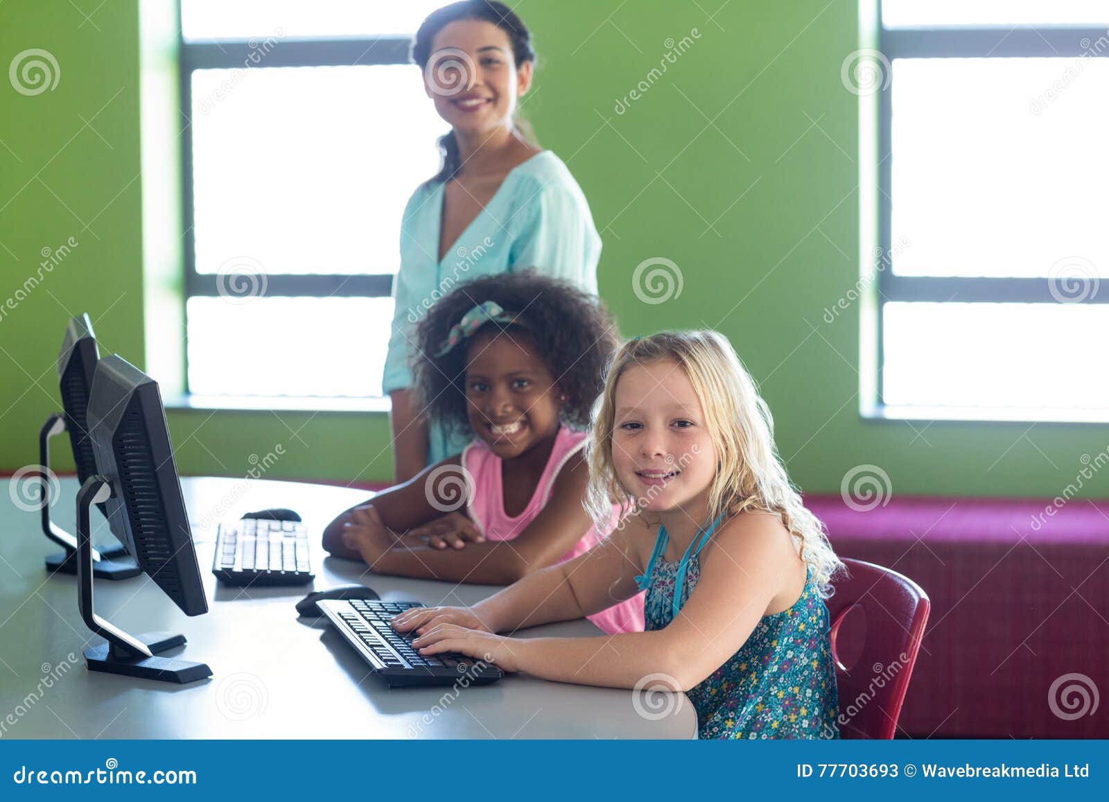 Portrait of Smiling Teacher with Children Stock Image - Image of learn ...