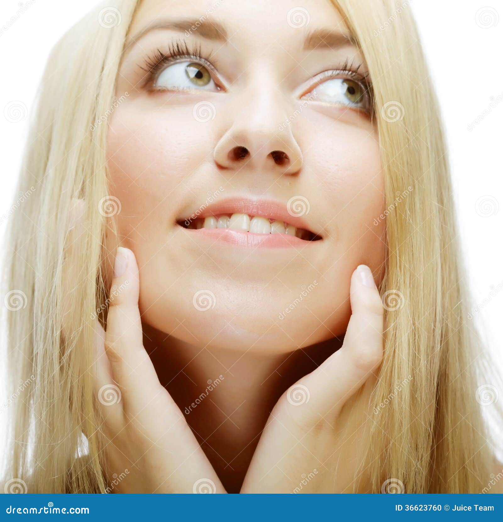 Portrait of a Smiling Thinking Woman Looking Up Stock Photo - Image of ...