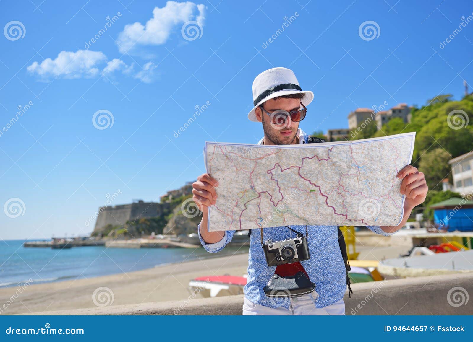 Portrait of a Smiling Tourist with Map and Bag Stock Image - Image of ...