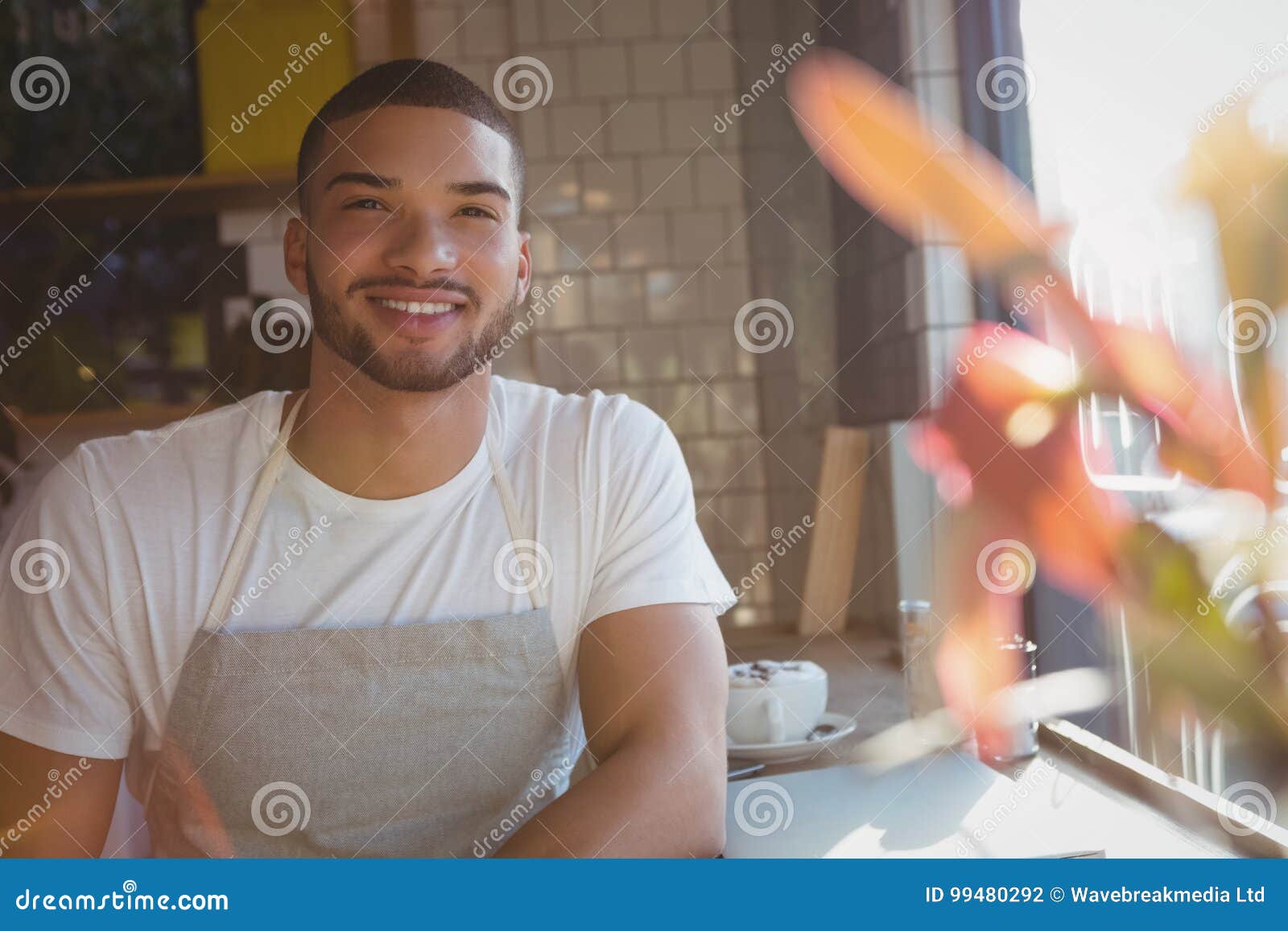 Portrait of Smiling Waiter in Cafe Stock Photo - Image of stubble ...