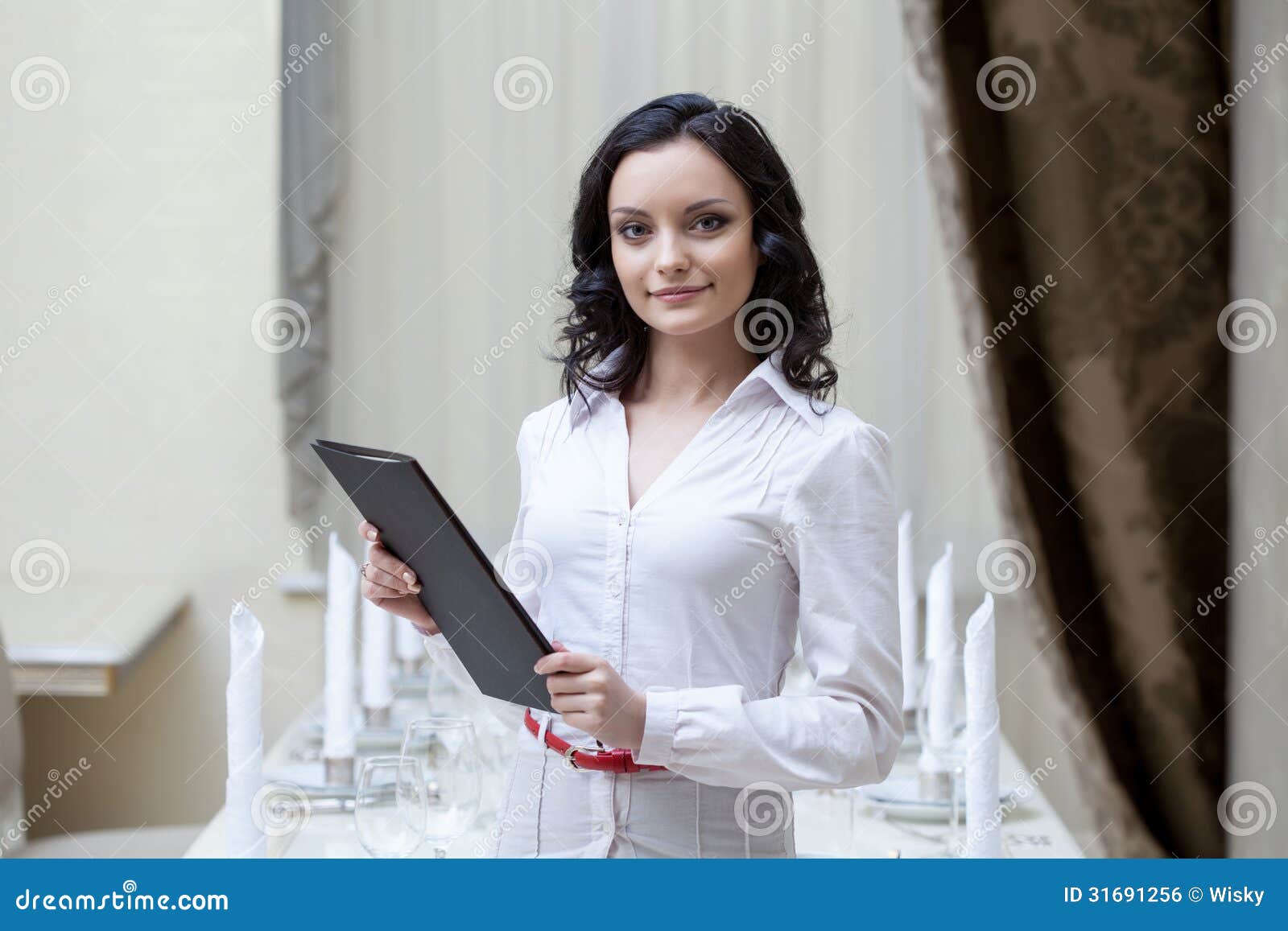 Portrait of Smiling Waitress Posing with Menu Stock Photo - Image of ...