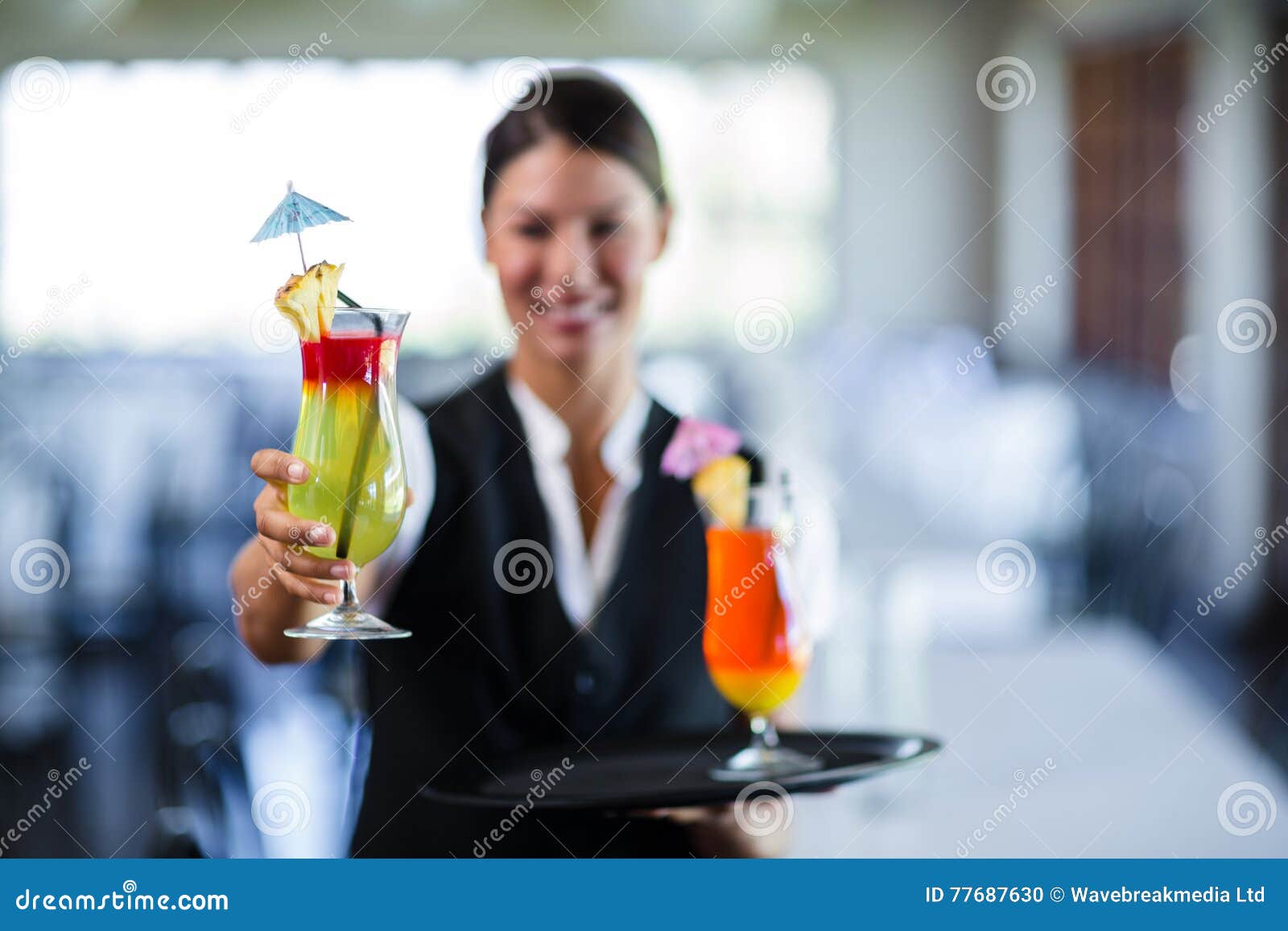 Portrait of Smiling Waitress Serving Cocktail Stock Photo - Image of ...