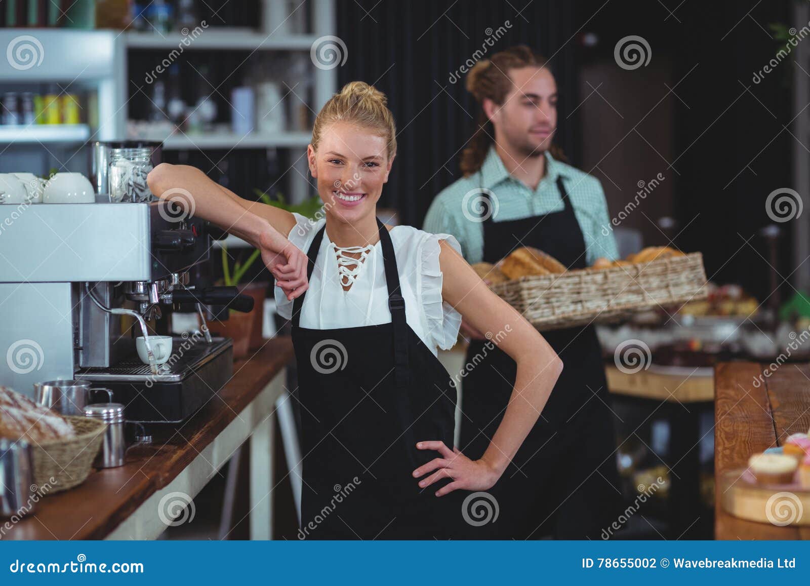 Portrait of Smiling Waitress Standing Behind Counter Stock Photo ...