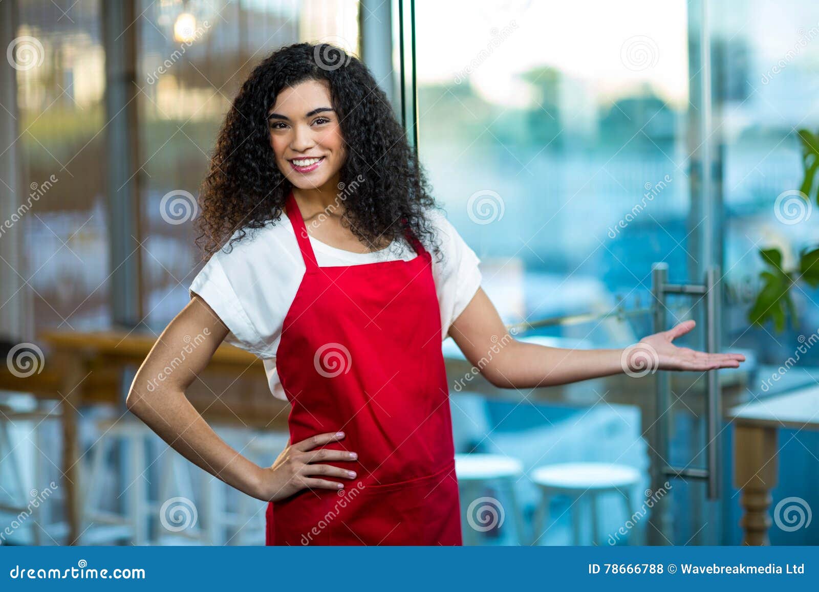 Portrait of Smiling Waitress Standing with Hand on Hip Stock Photo ...