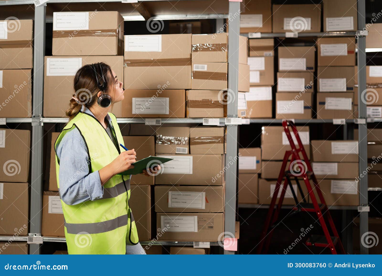 Portrait of a Smiling Warehouse Staff Using a Headset while Working in ...
