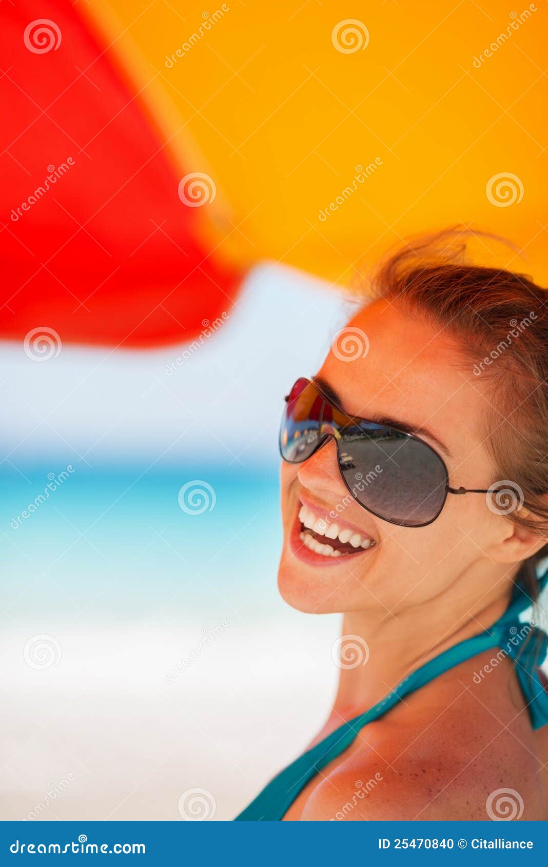 Portrait of Smiling Woman on Beach Stock Photo - Image of copyspace ...