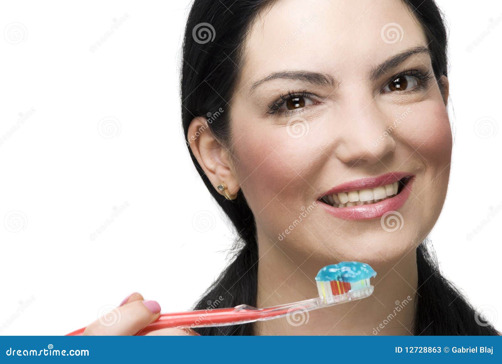 Portrait of Smiling Woman Brushing Teeth Stock Image - Image of fresh ...