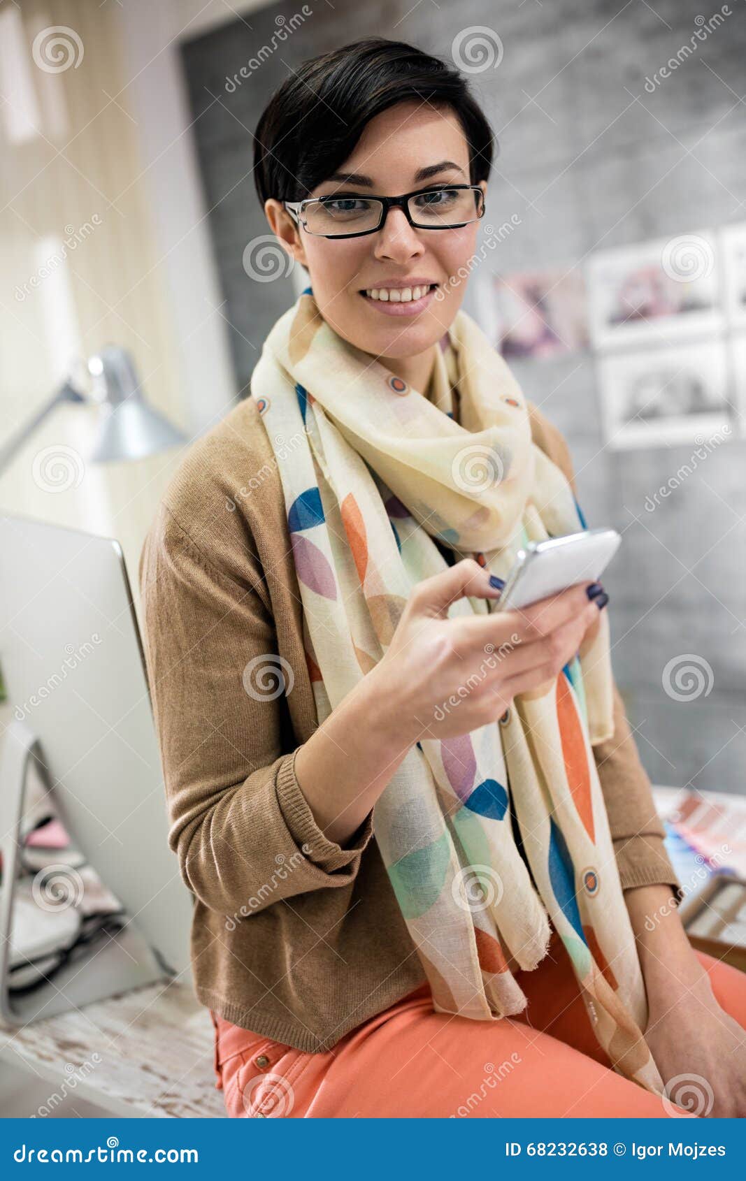 Portrait Smiling Woman Designer Stock Photo - Image of phone ...