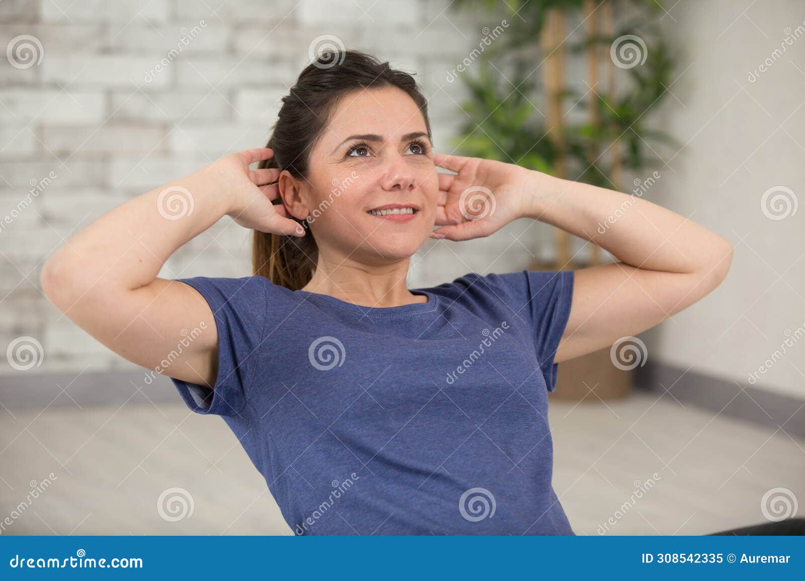 Portrait Smiling Woman Doing Abdominal Crunch Stock Image - Image of ...