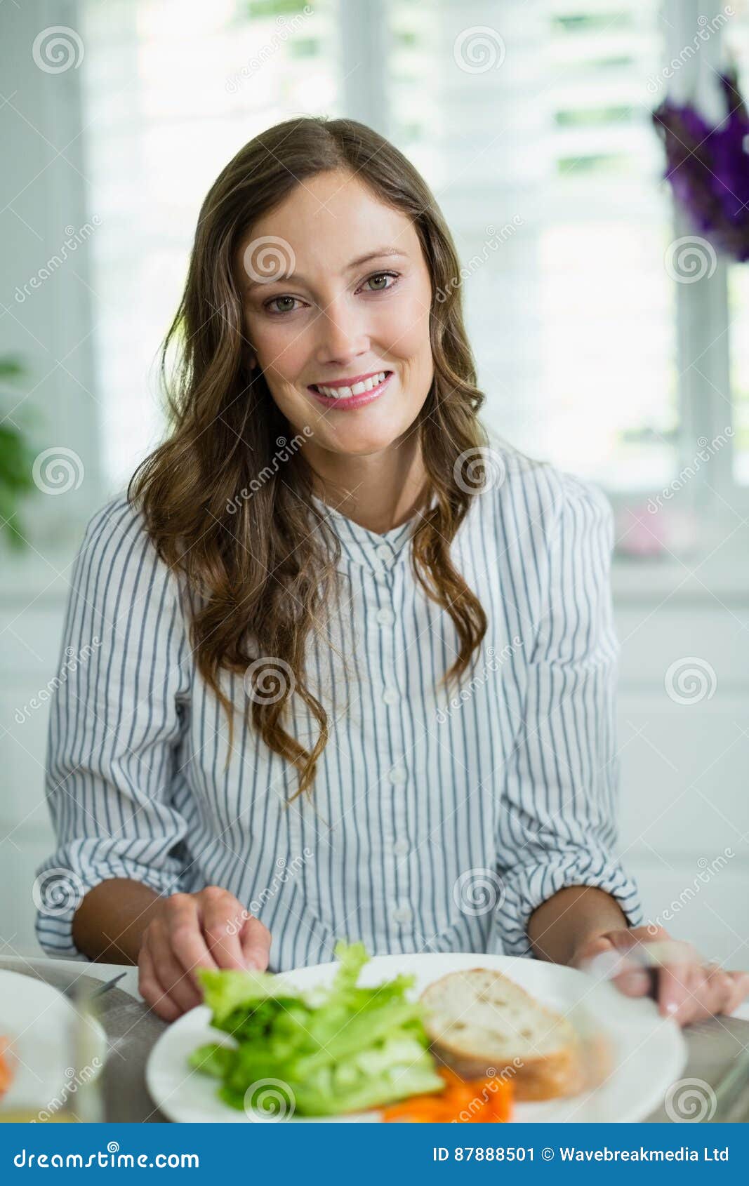 Portrait of Smiling Woman Sitting at Dining Table Stock Image - Image ...