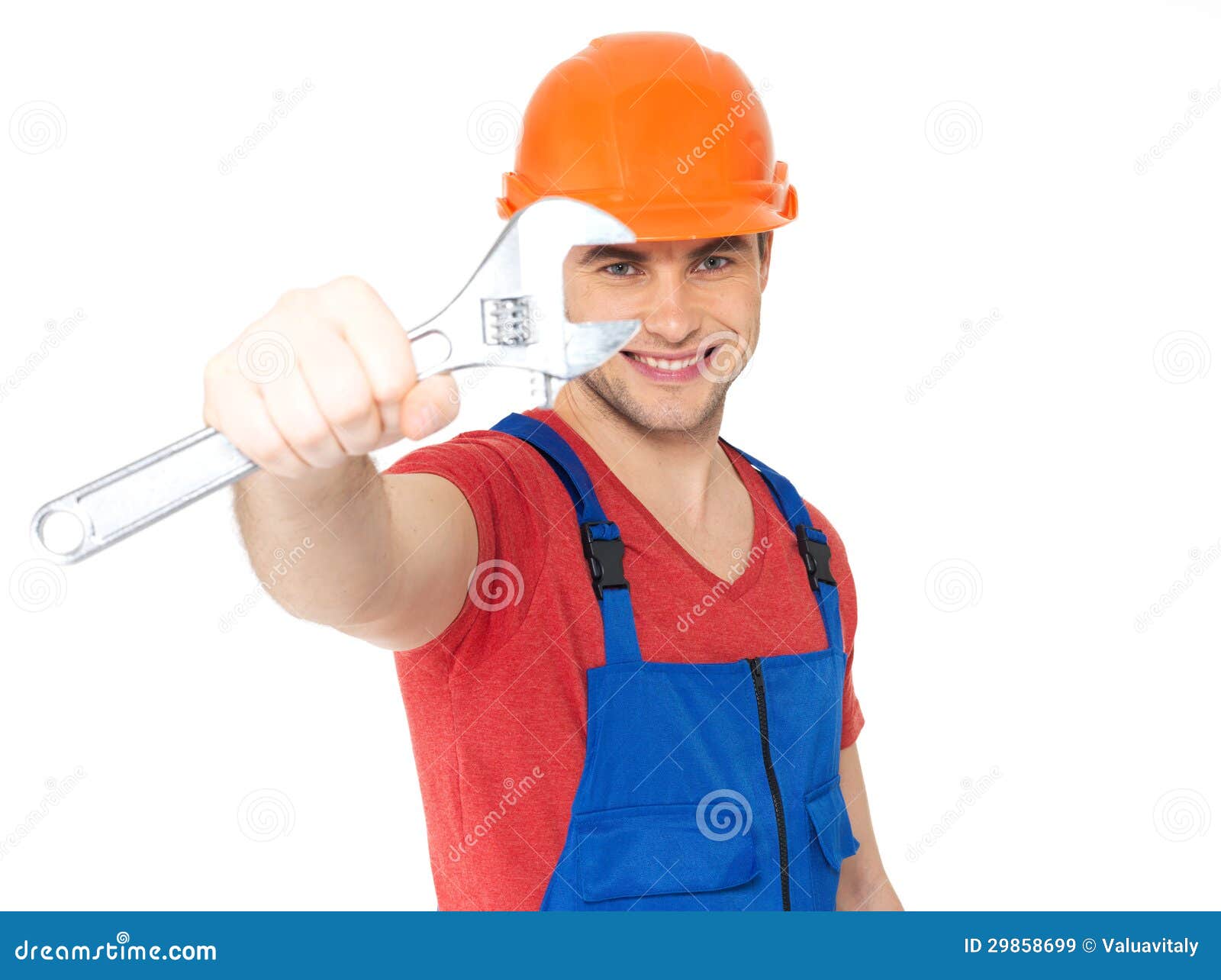 Smiling Worker with Big Spanner Stock Image - Image of builder ...
