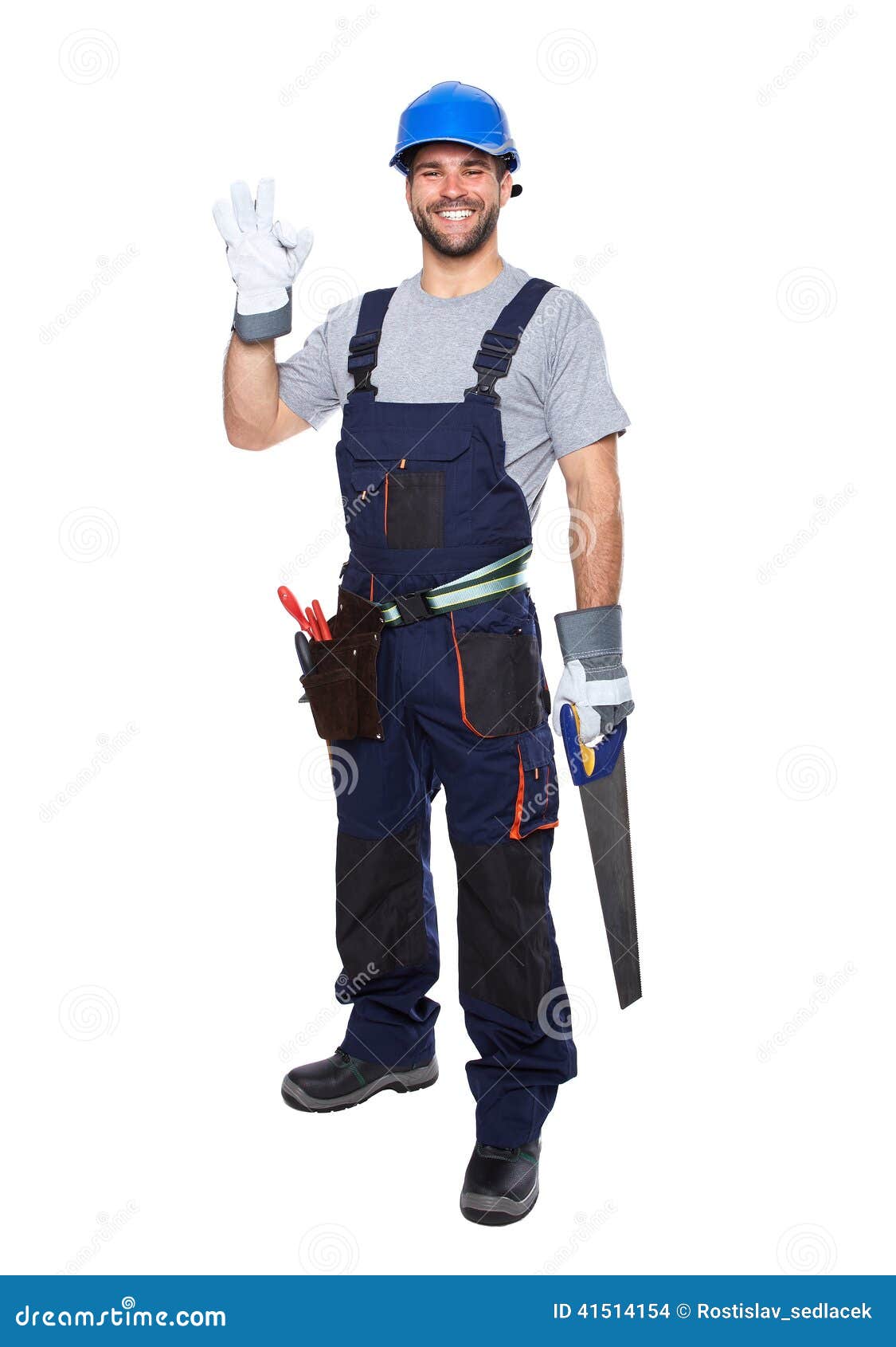 Portrait of Smiling Worker in Blue Uniform Stock Photo - Image of gray ...