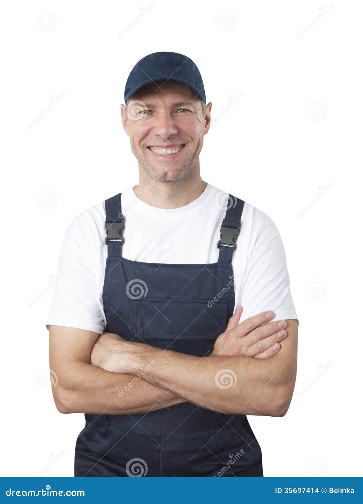 Portrait of Smiling Worker in Blue Uniform Isolated on White Background ...