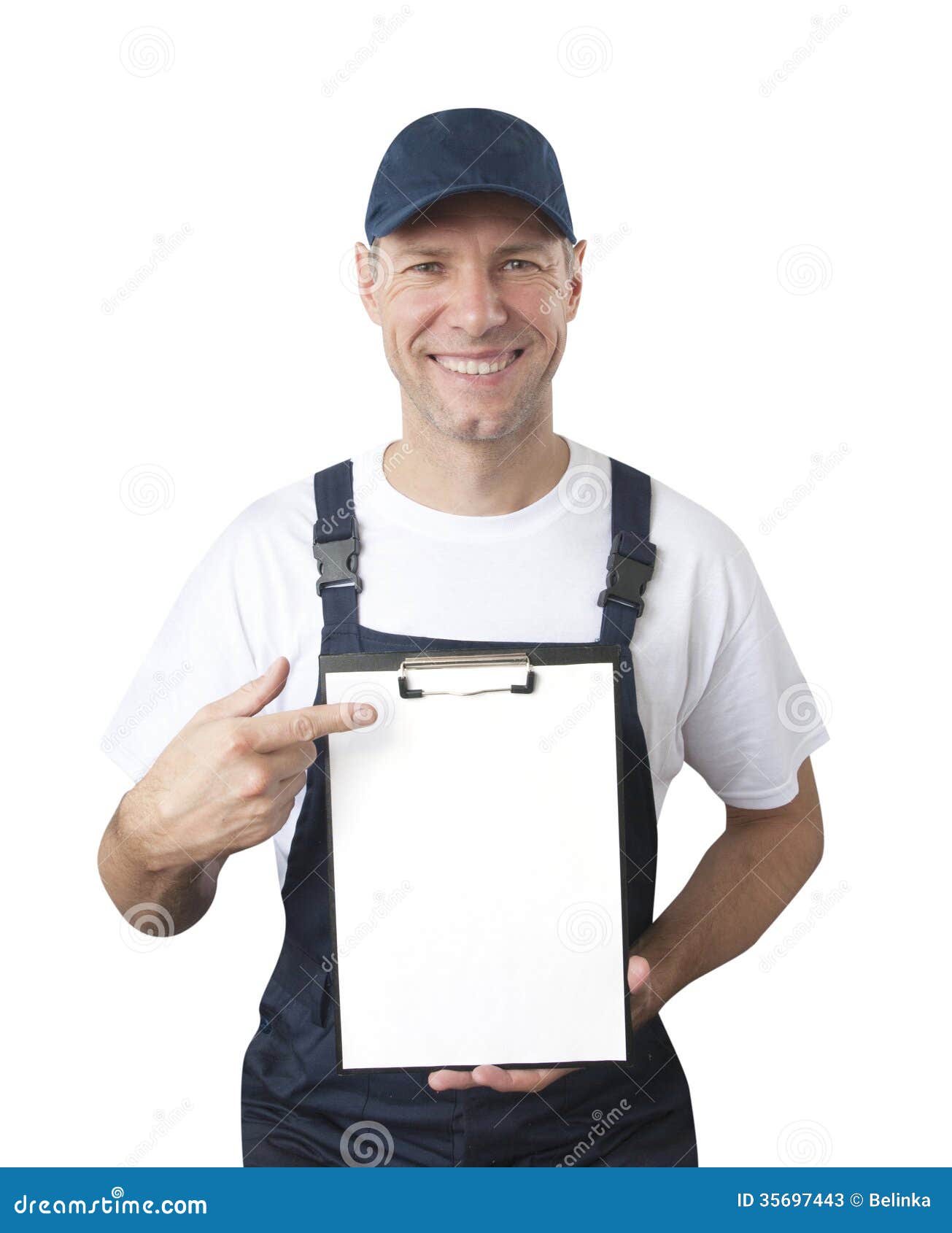 Portrait of Smiling Worker in Blue Uniform with Tablet Isolated Stock ...