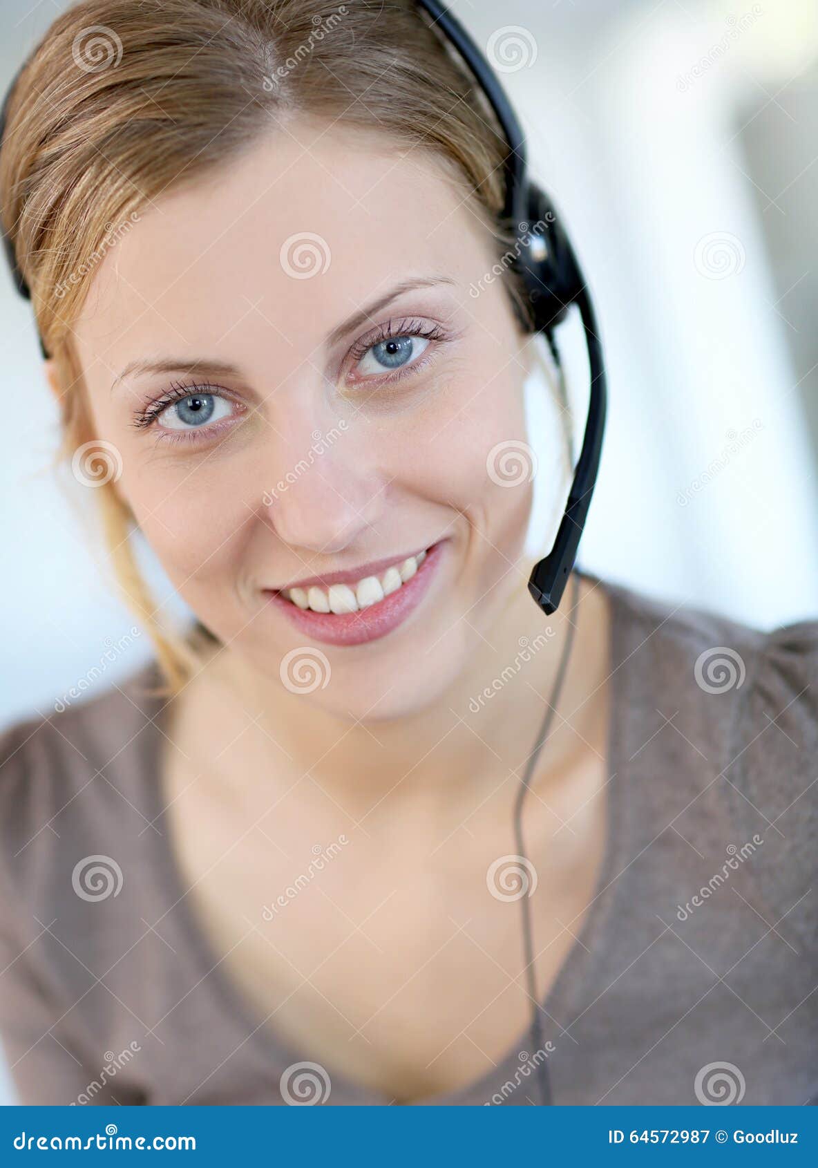 Portrait of Smiling Young Blond Teleoperator Stock Image - Image of ...