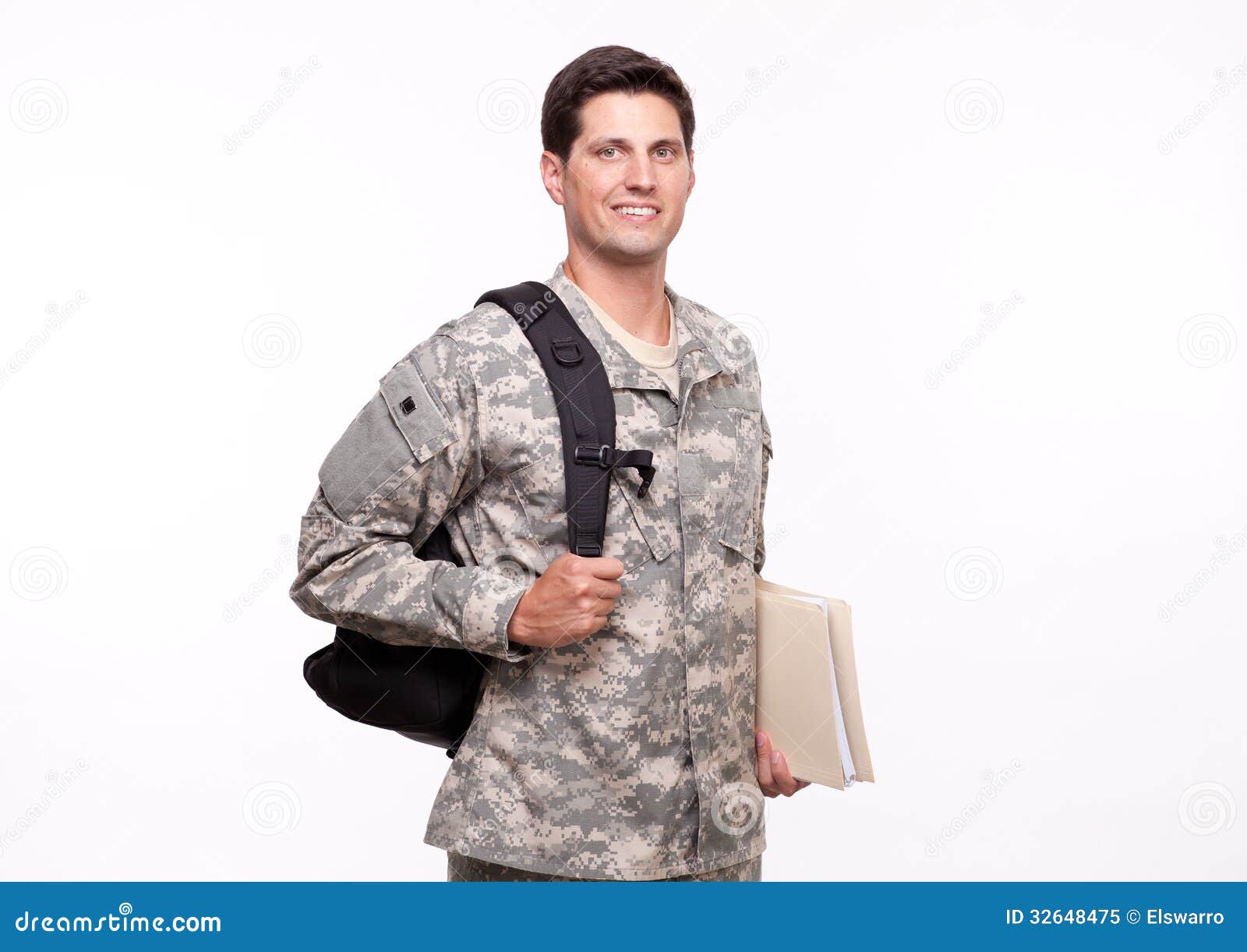 Portrait of a Smiling Young Soldier with Backpack and Documents Stock ...