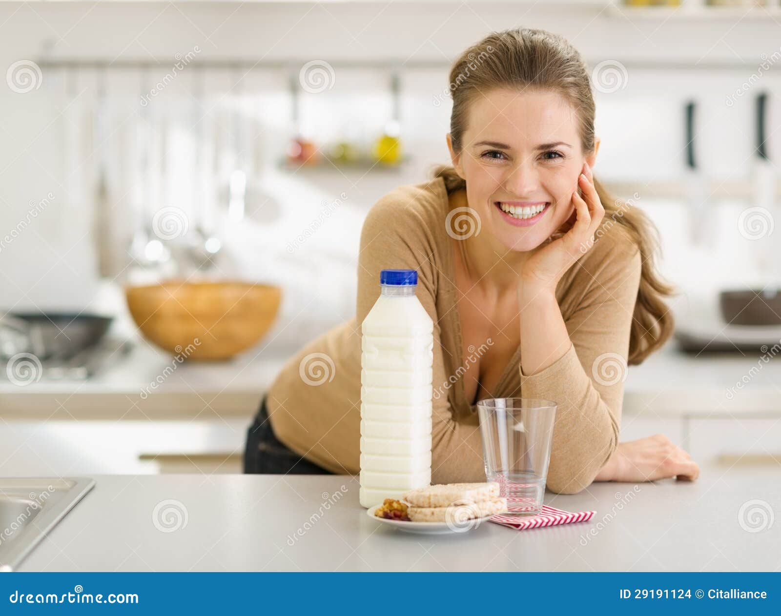 Portrait of Smiling Young Woman with Snacks Stock Photo - Image of ...