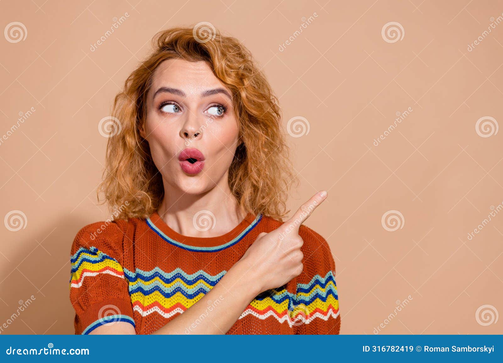 Portrait Of Speechless Girl With Foxy Hair Wear Knit T Shirt Directing