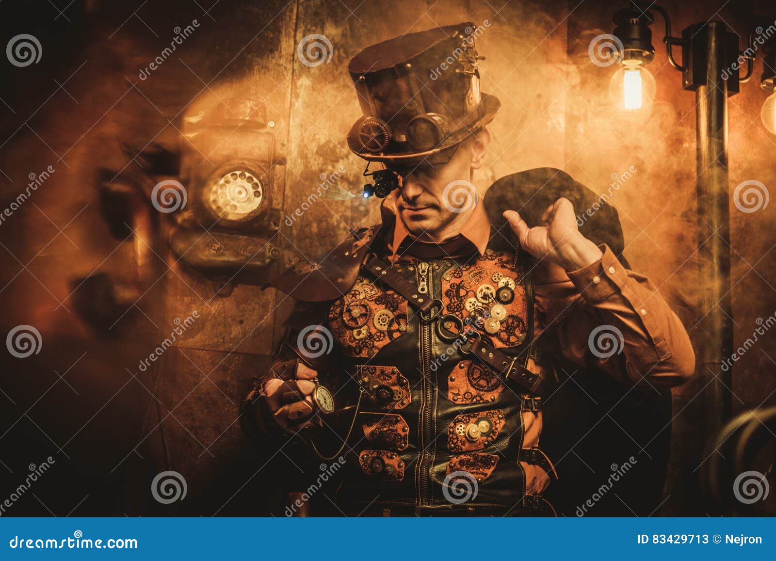 Portrait of Steampunk Man with Various Mechanical Devices on Vintage ...