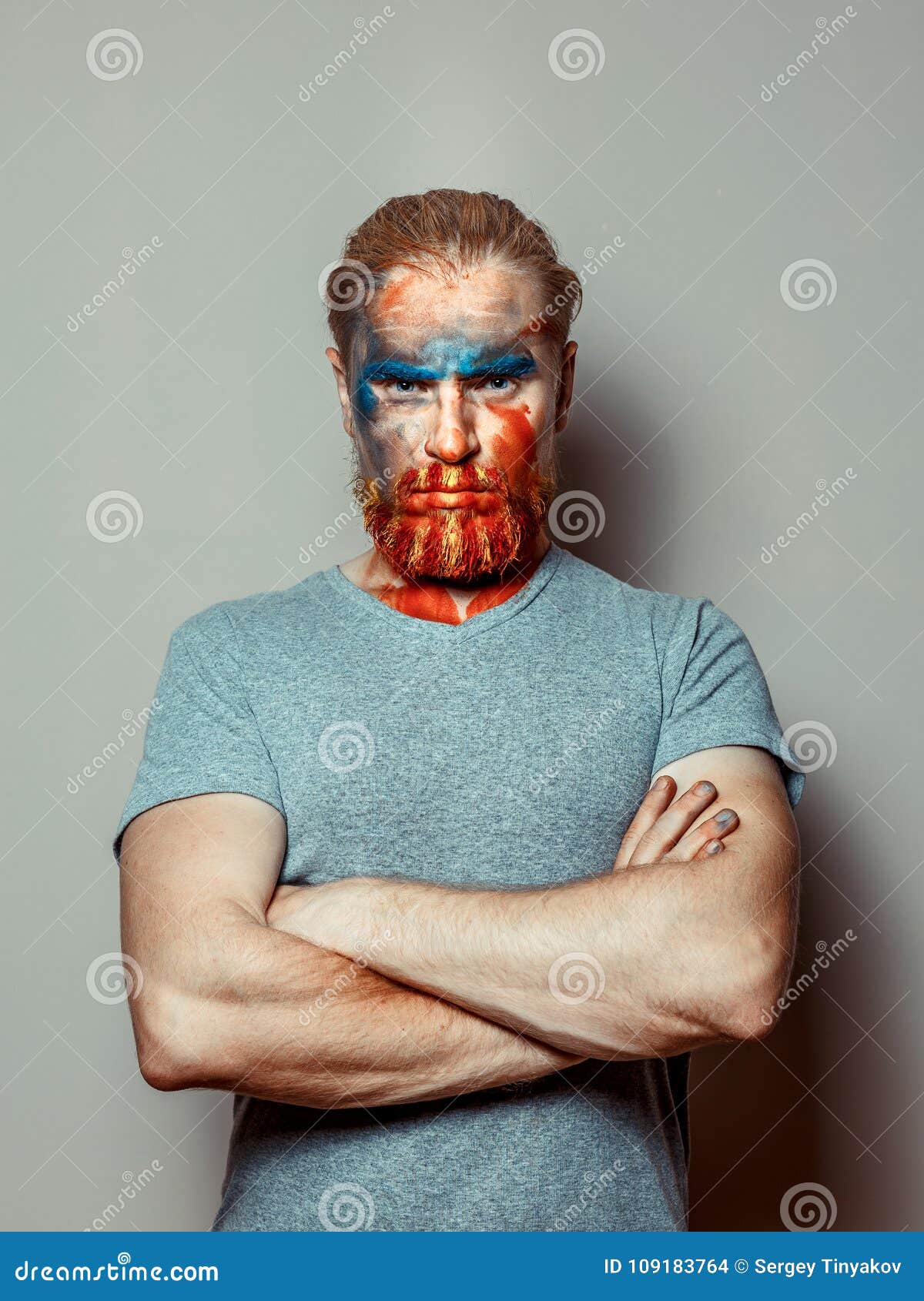 Portrait of a Stern Man with a Beard and Painted Face, Gray Back Stock ...