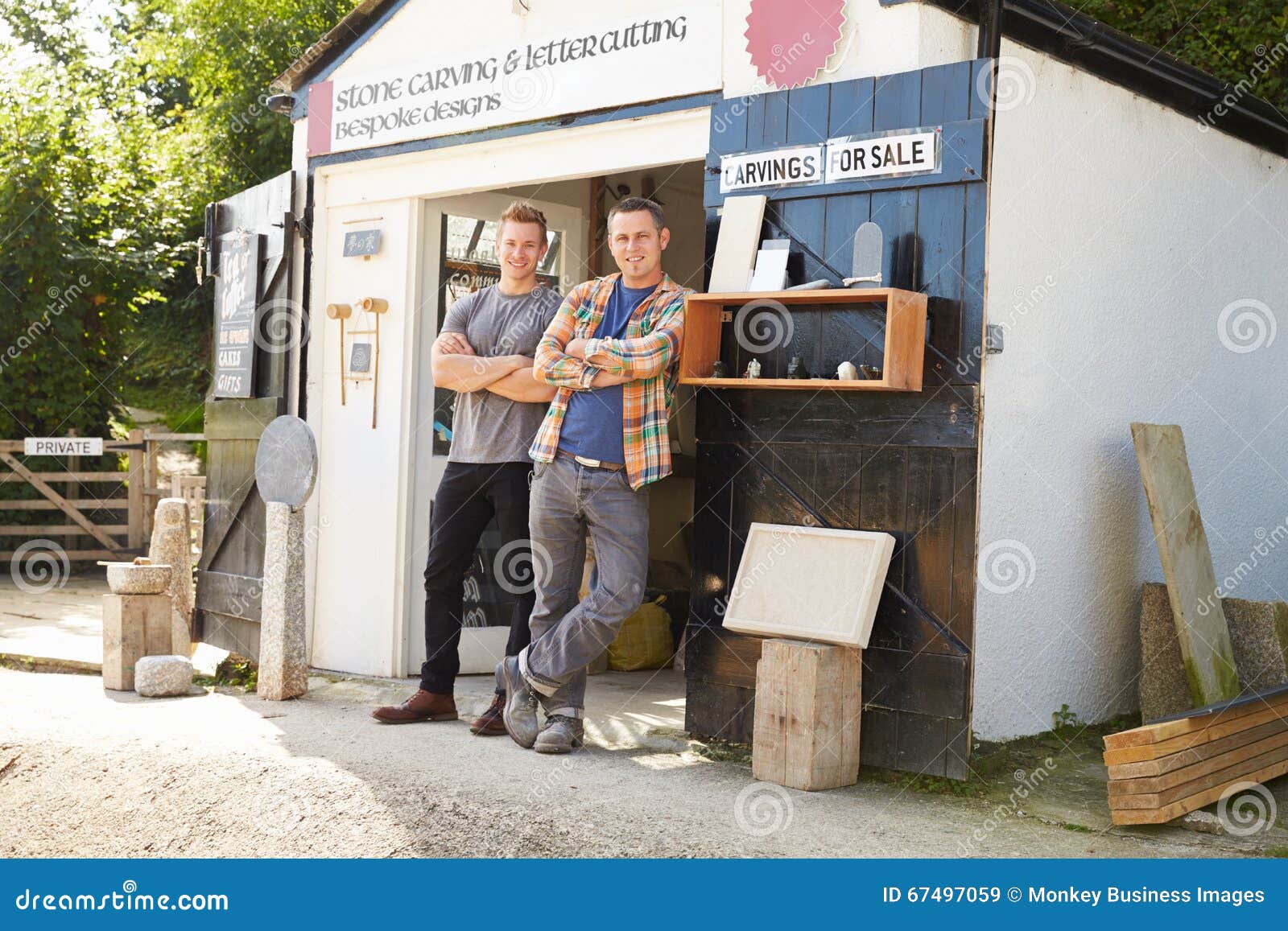 Portrait of Stone Mason with Apprentice Outside Workshop Stock Image ...