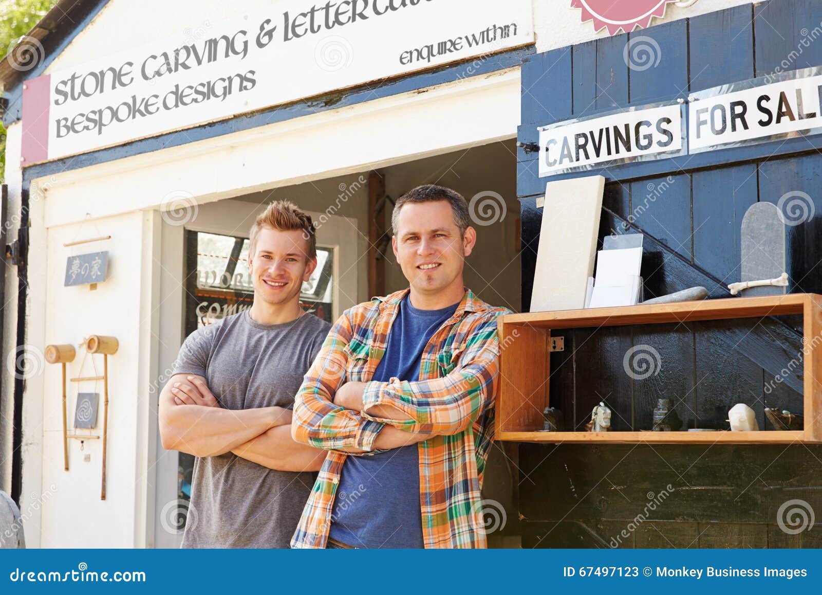Portrait of Stone Mason with Apprentice Outside Workshop Stock Image ...