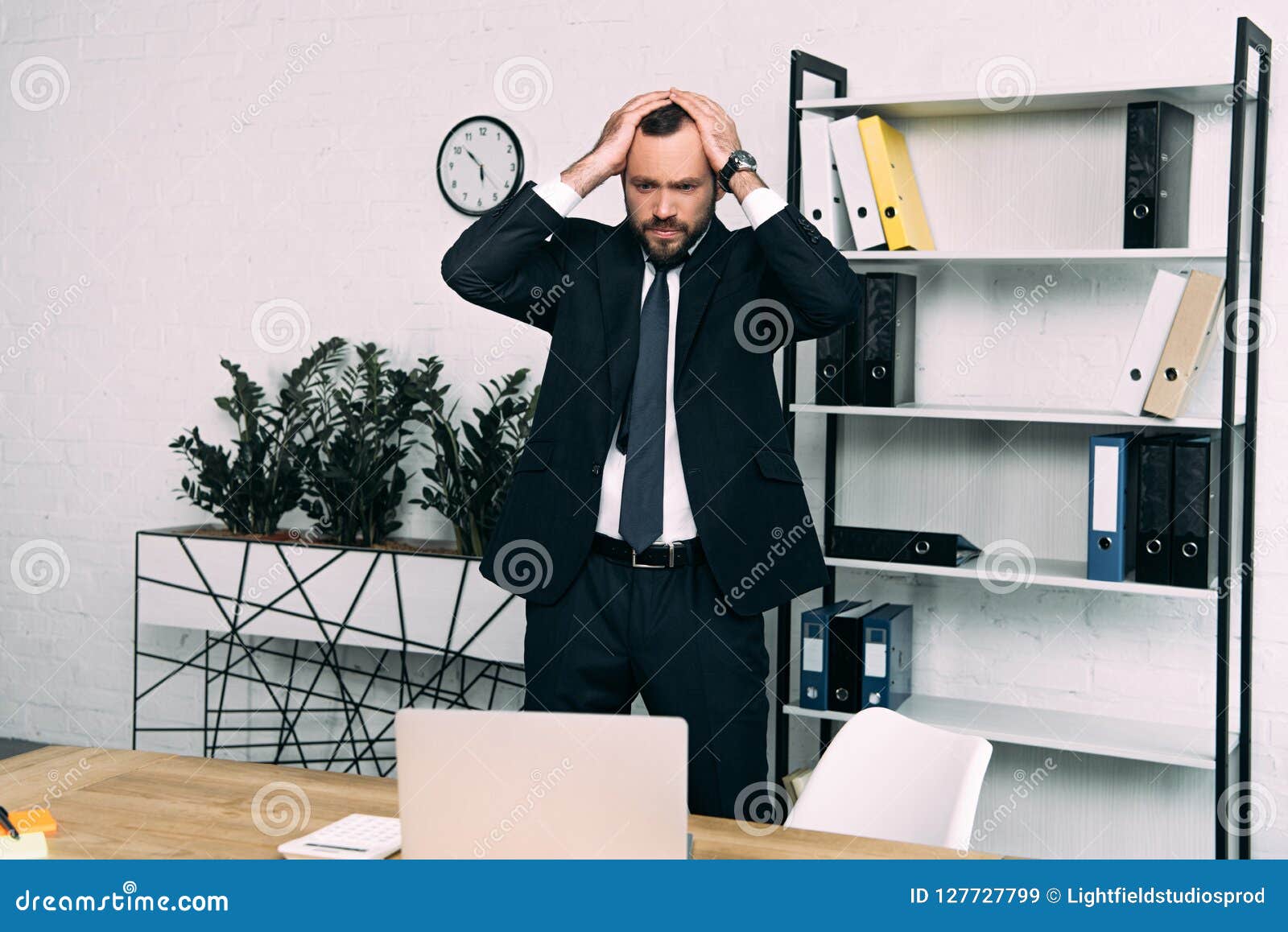 Portrait of Stressed Businessman in Suit Standing at Workplace Stock ...
