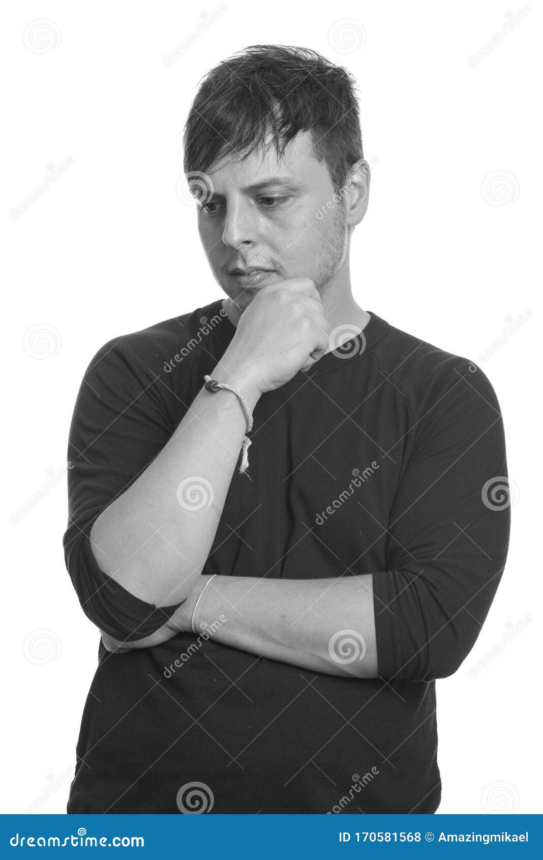 Portrait of Stressed Man Thinking and Looking Down in Black and White ...