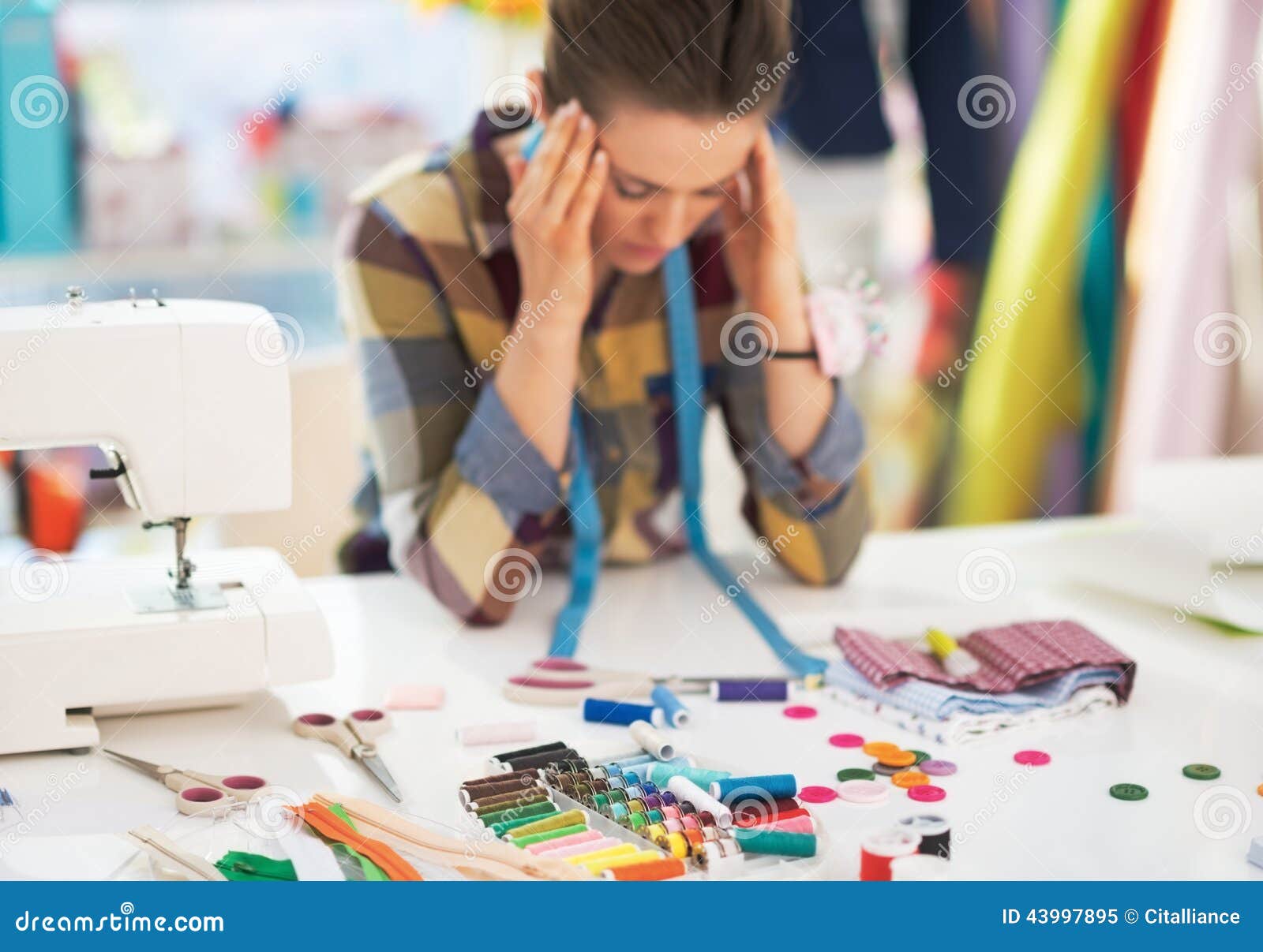Portrait of Stressed Tailor Woman at Work Stock Image - Image of hobby ...