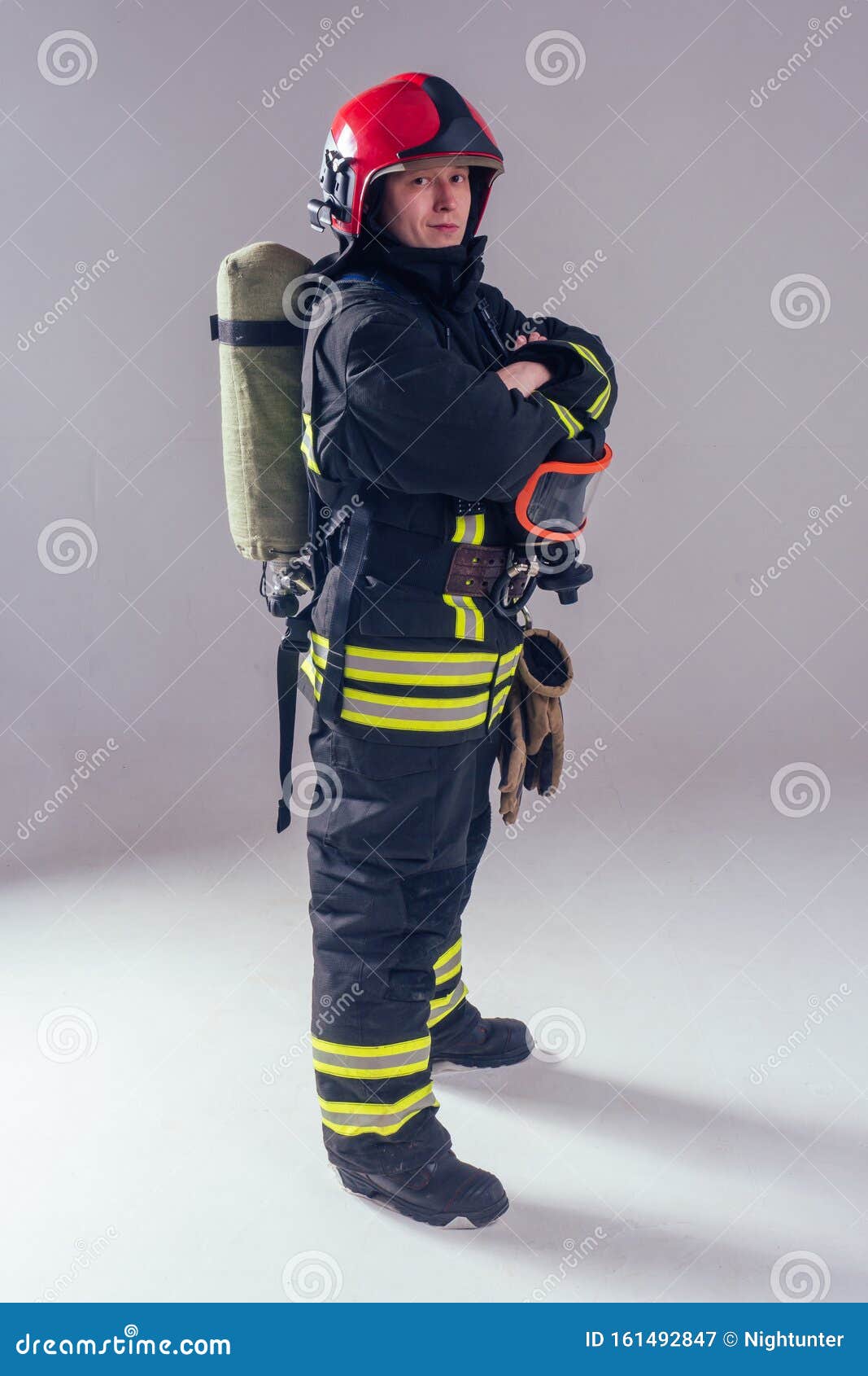 Portrait Strong Fireman In Fireproof Uniform White Background Studio ...
