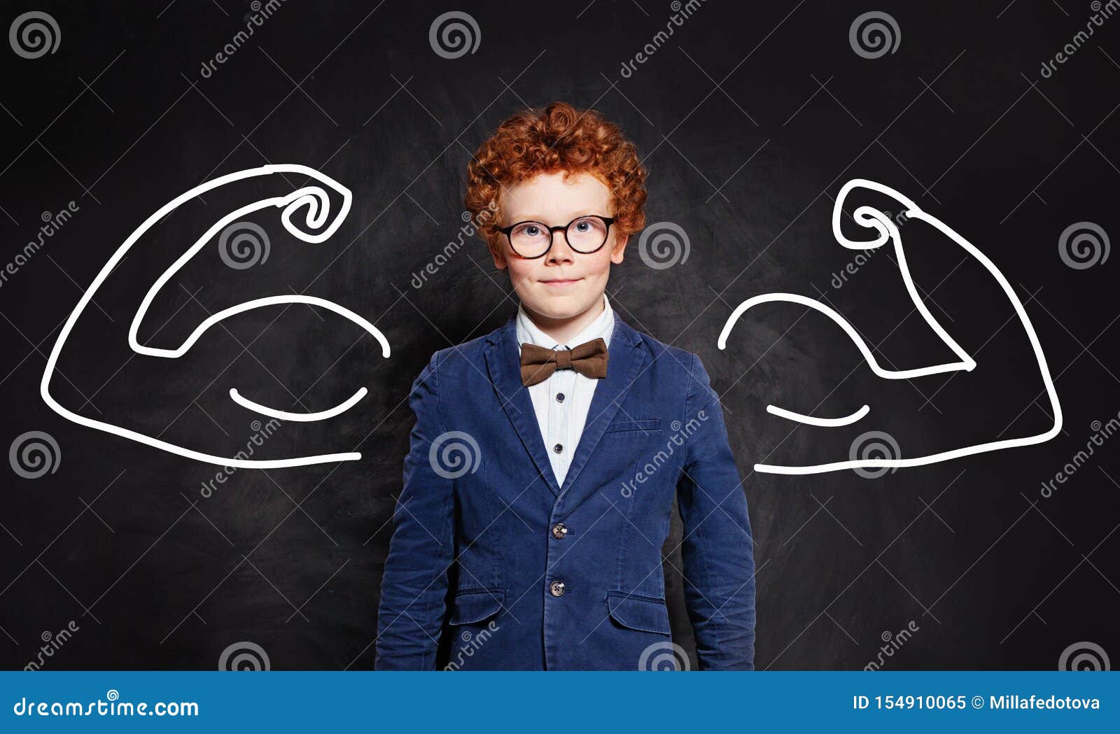 Portrait of Strong Kid with Big Muscle Biceps on Blackboard Stock Image ...