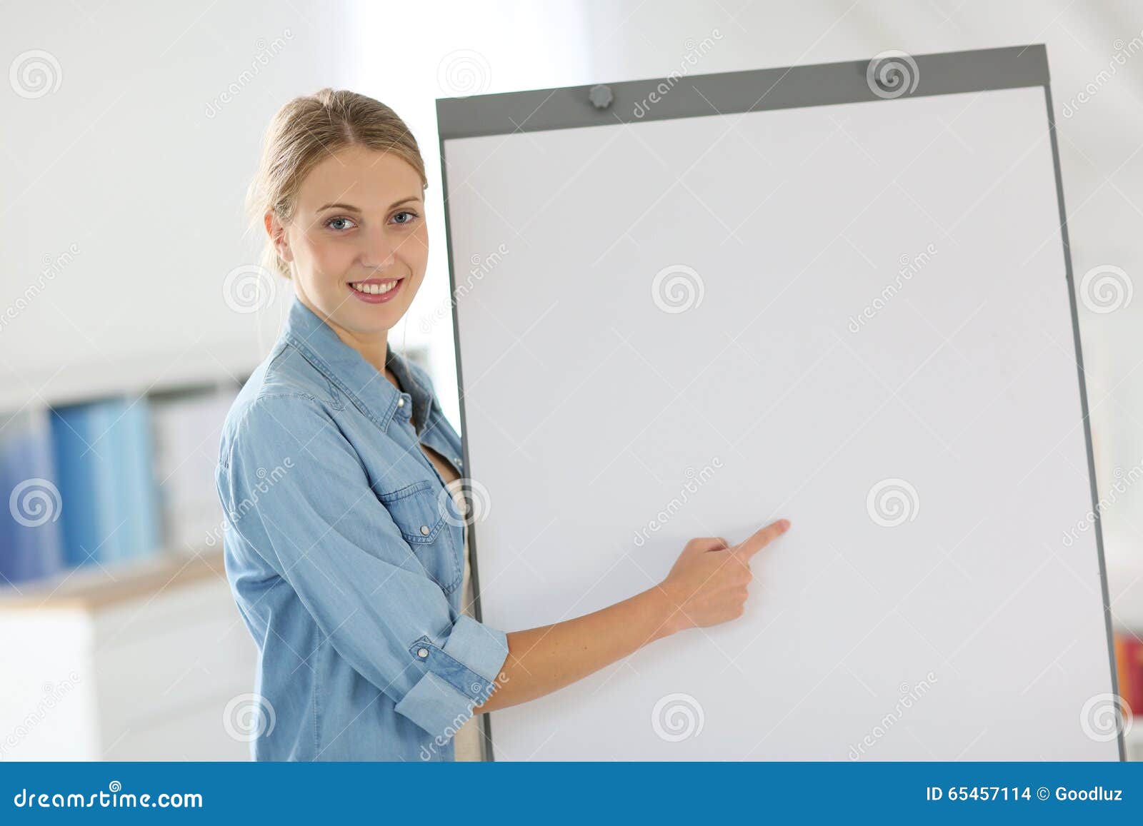 Portrait of Student in Classroom Pointing Finger on Blank Board Stock ...