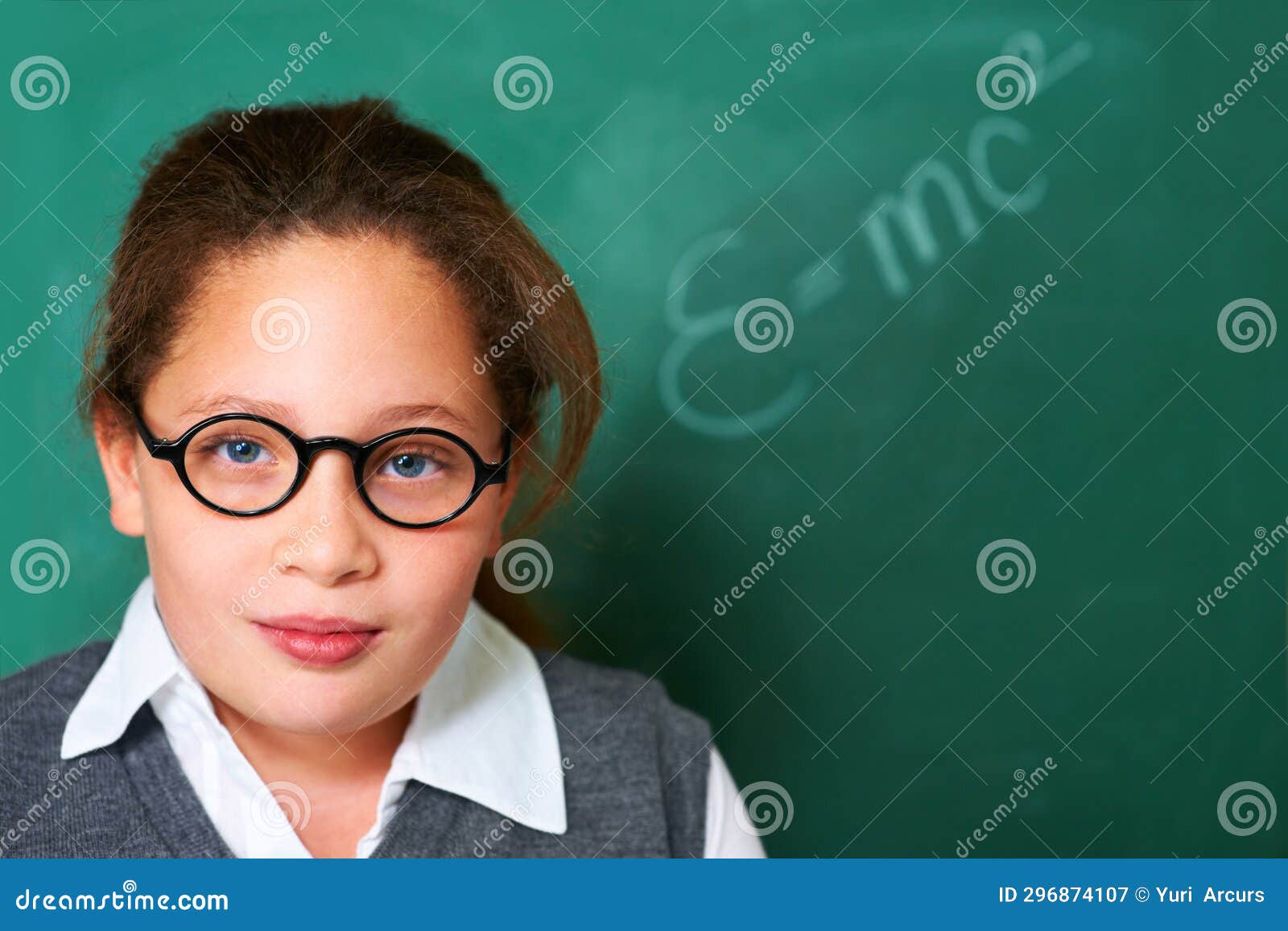 Portrait of Student, Geek and Kid by Chalkboard in Class for Learning ...