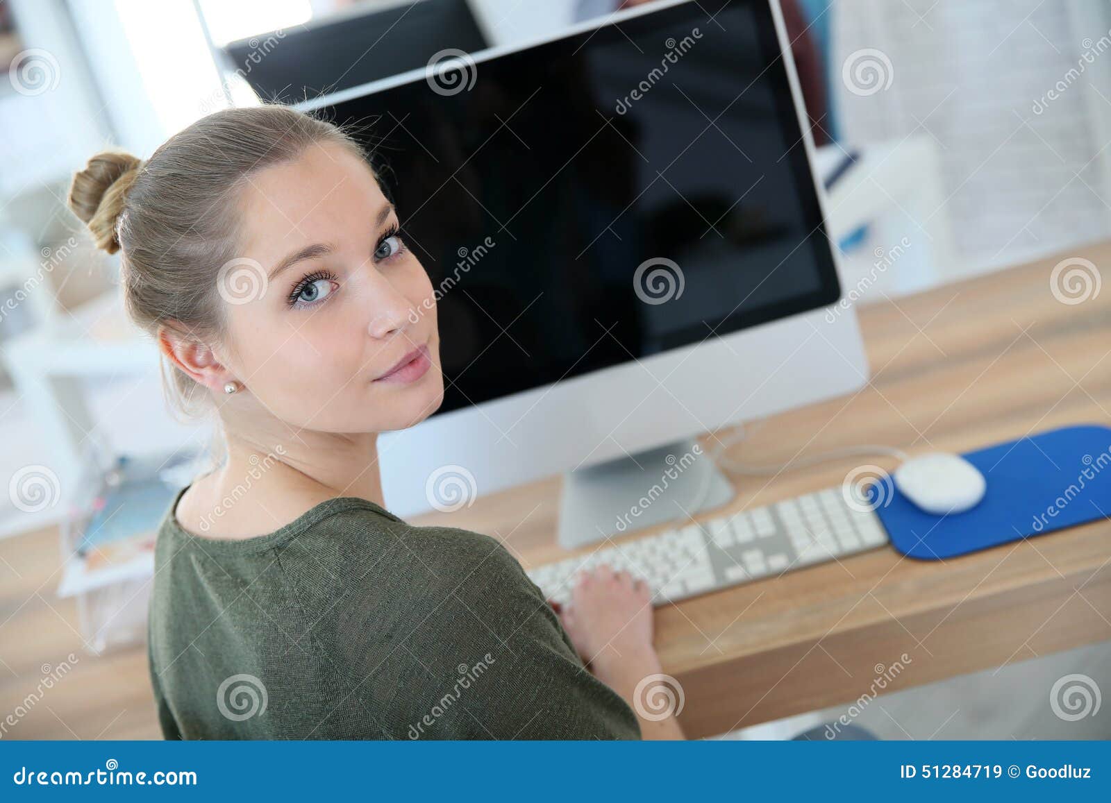 Portrait of Student Girl in Front of Computer Stock Image - Image of ...