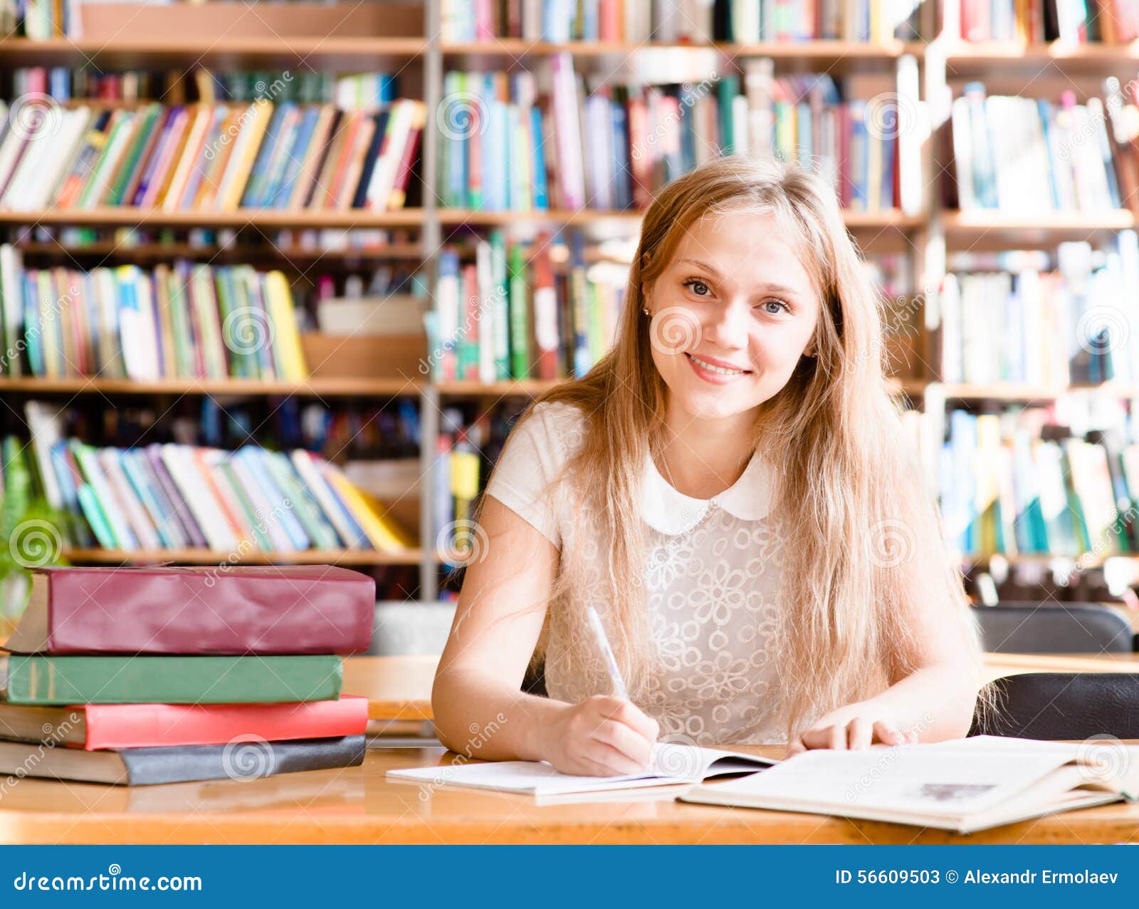 Portrait of a Student Girl Studying at Library Stock Image - Image of ...