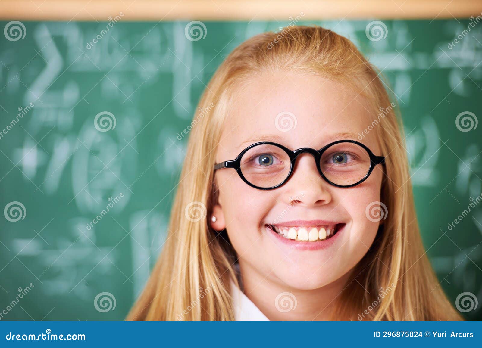 Portrait of Student, Nerd and Happy Child by Chalkboard in Class for ...