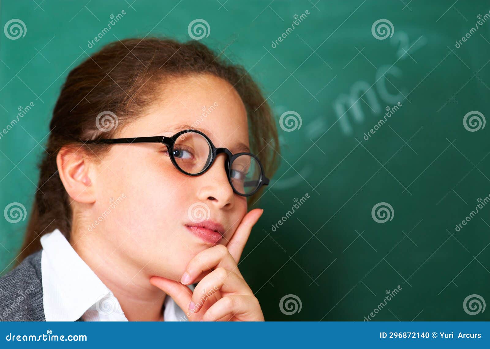 Portrait of Student, Nerd and Kid by Chalkboard in Class for Learning ...