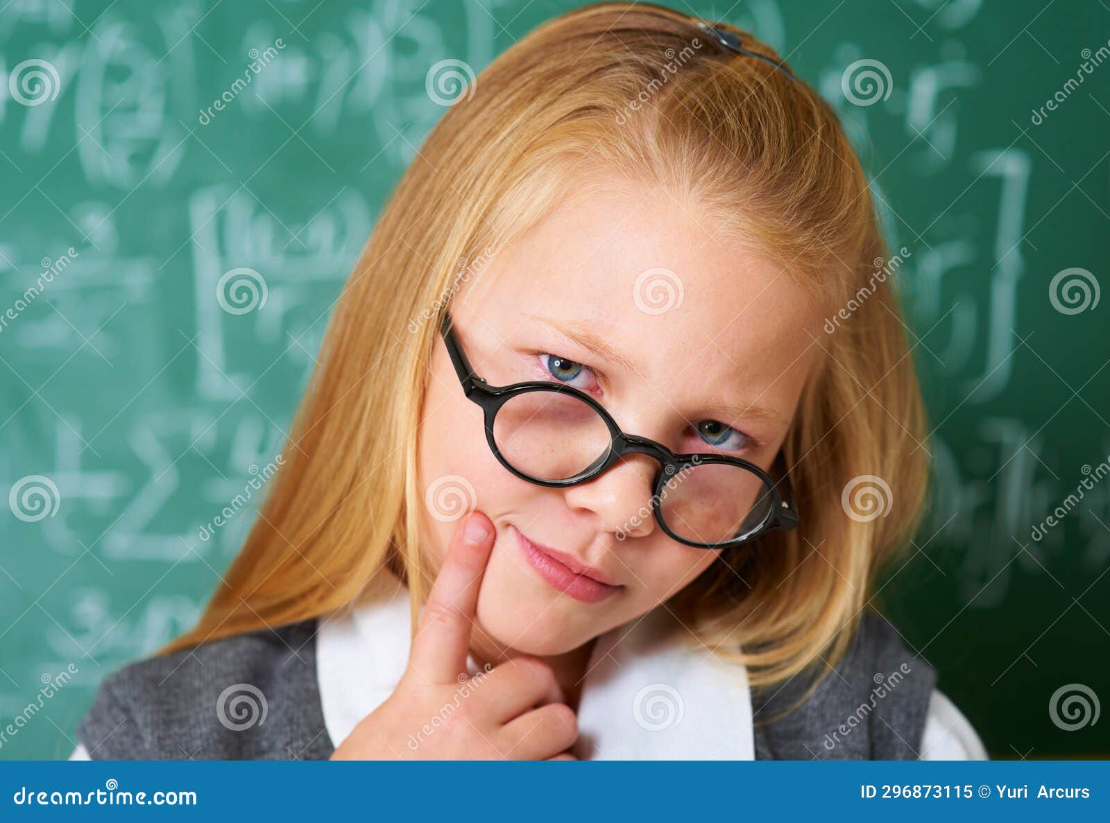 Portrait of Student, Nerd and Kid Thinking by Chalkboard in Class for ...