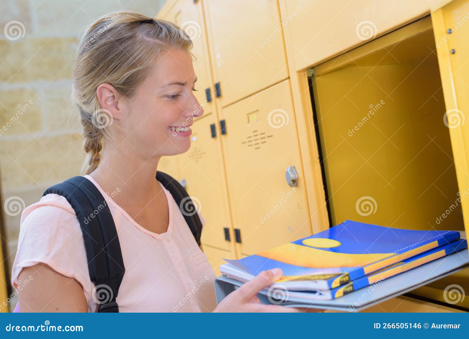 Portrait Student Opening Locker Stock Photo - Image of happy, woman ...