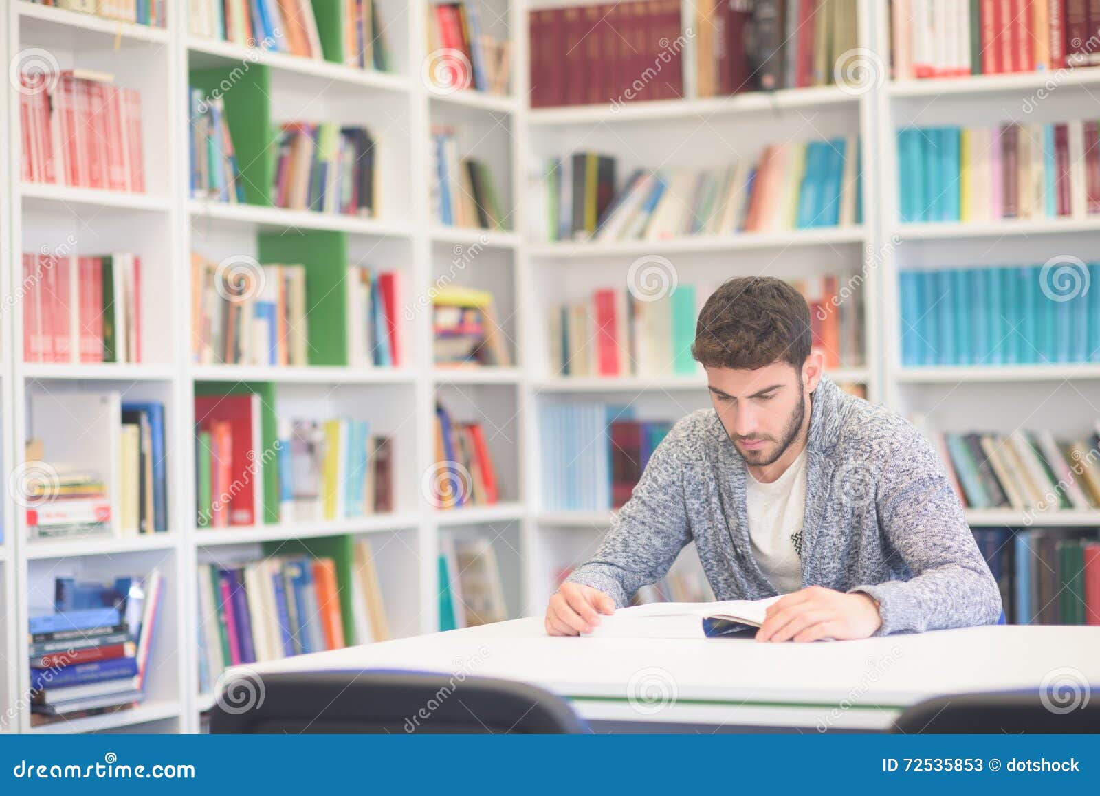 Portrait of Student while Reading Book in School Library Stock Image ...