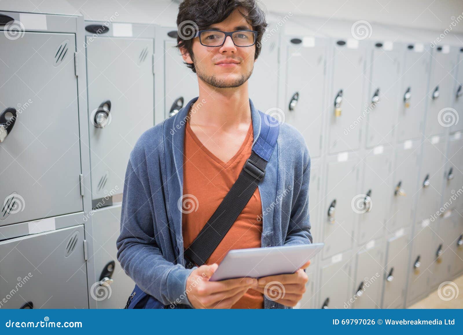 Portrait of Student Using Digital Tablet in Locker Room Stock Photo ...