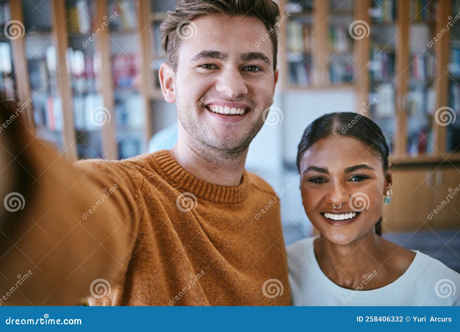 Portrait, Students and Selfie in a Library with Friends, Relax and ...
