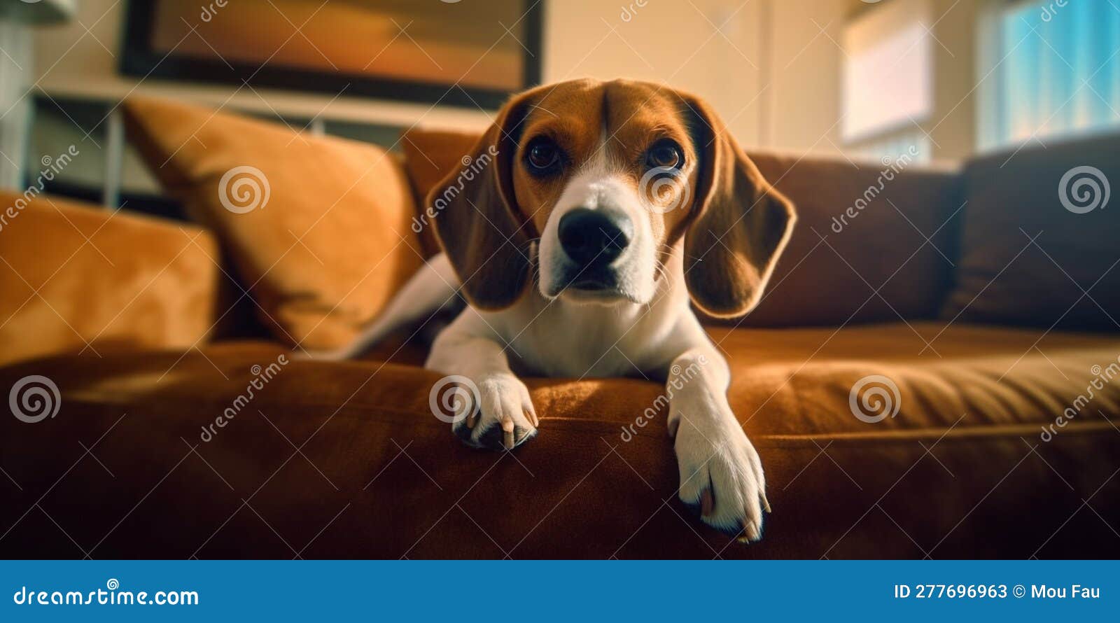 Lazy beagle lying on sofa stock illustration. Illustration of facing ...