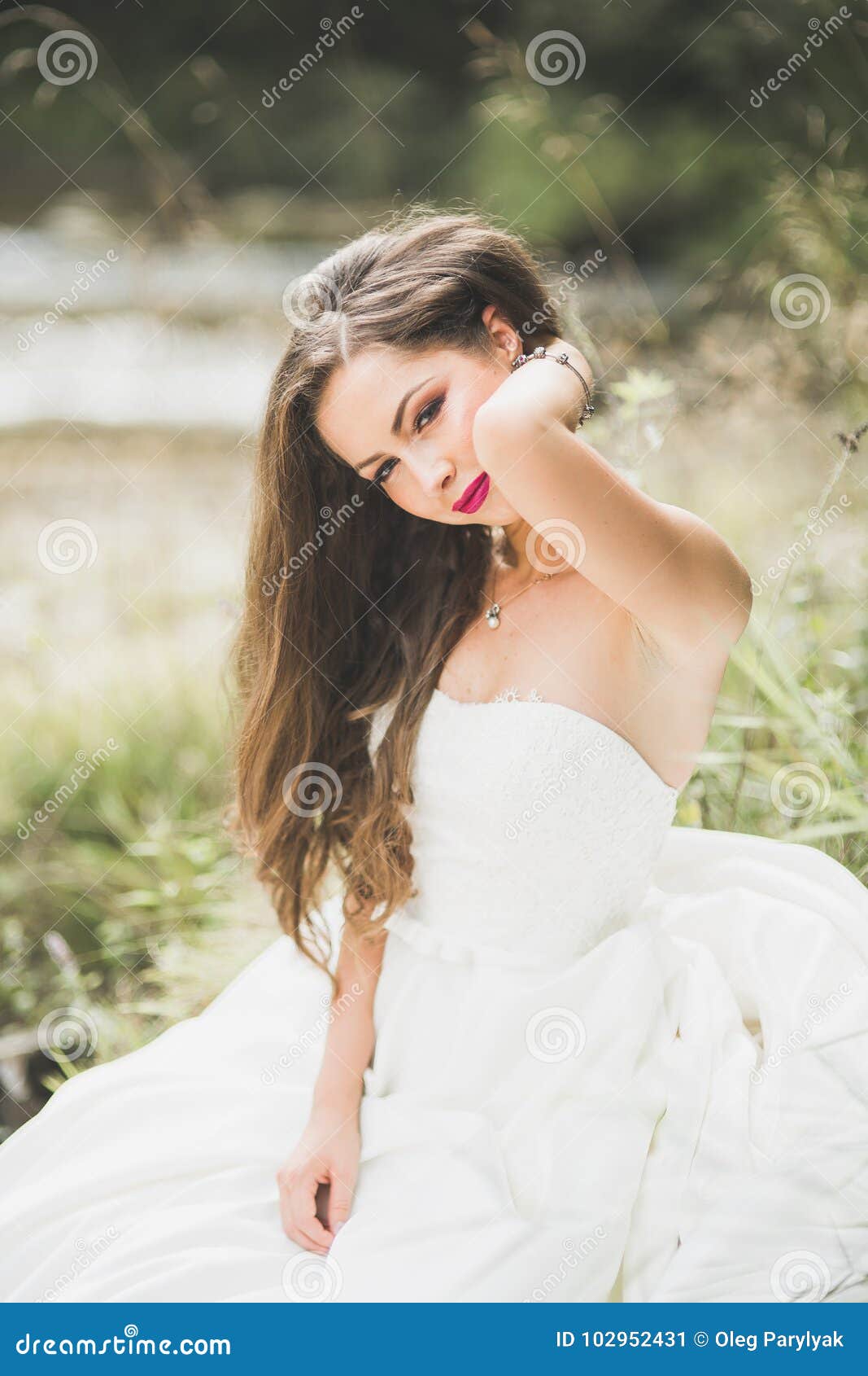 Portrait of Stunning Bride with Long Hair Standing by the River Stock ...
