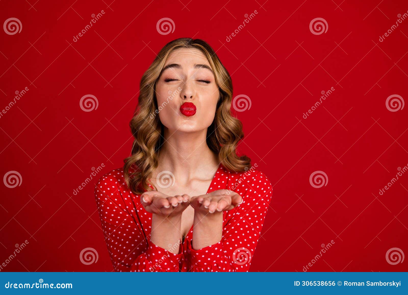 Portrait Of Stunning Coquettish Lady Closed Eyes Pouted Lips Arms Send Air Kiss You Empty Space